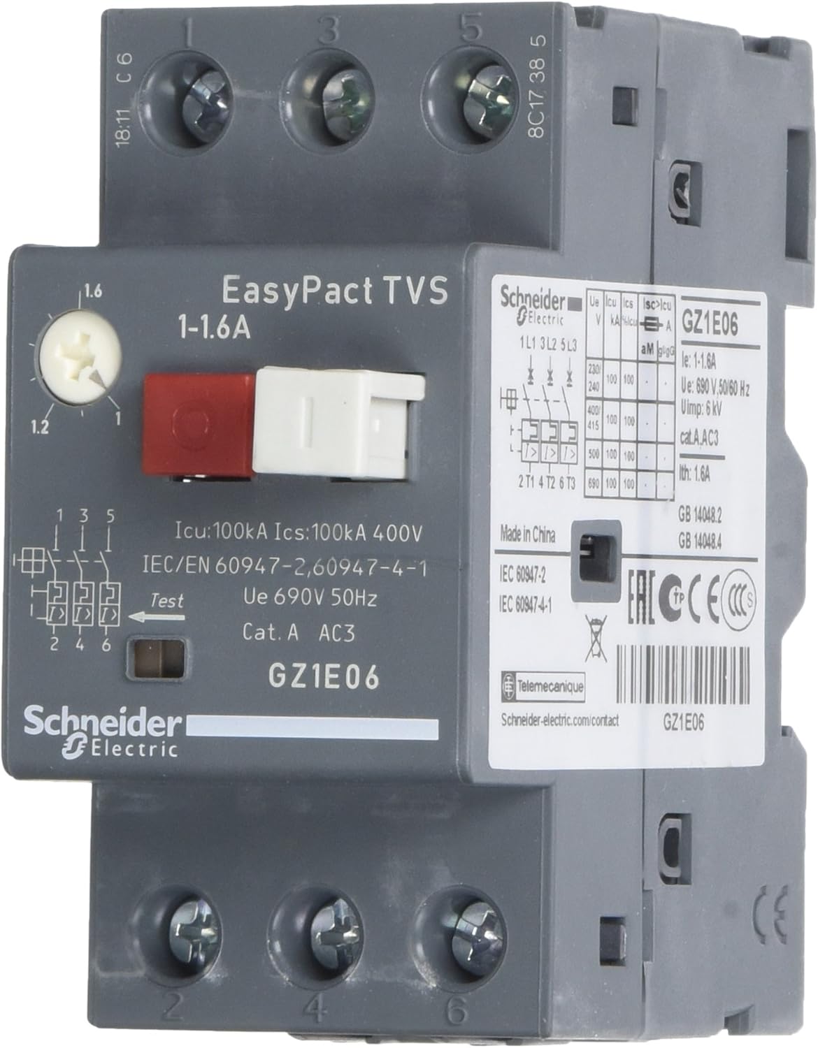 Schneider GZ1E06 1-1.6 EasyPact TVS Motor Circuit Breaker, White ...