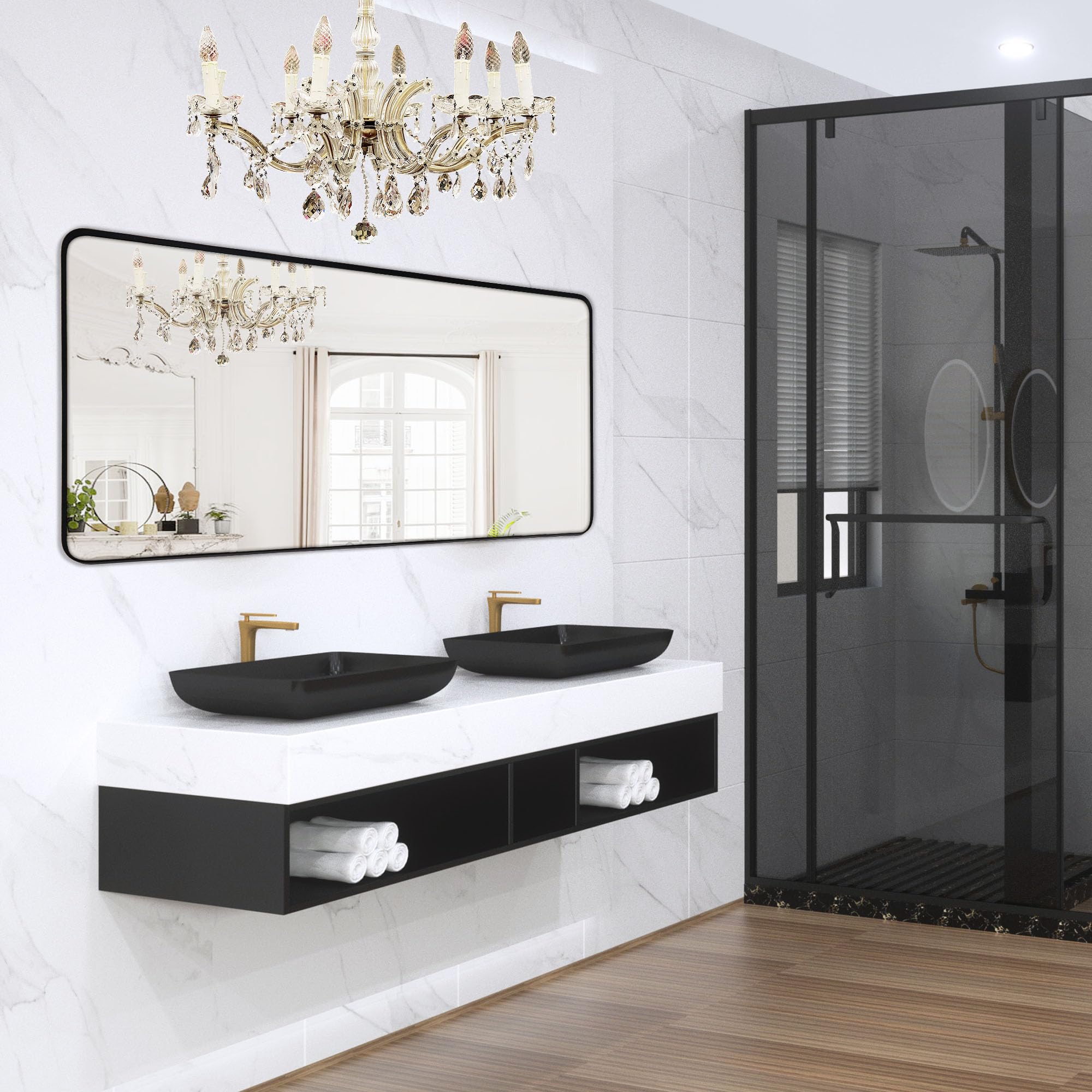 Minuover Wall Mount Mirror for Bathroom, Brushed Black Metal Framed ...