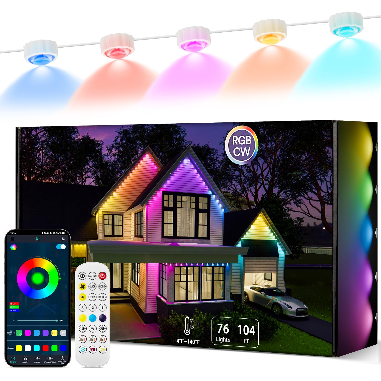 Permanent Outdoor Lights, RGBIC String Downlights 104ft with 76 LEDs ...