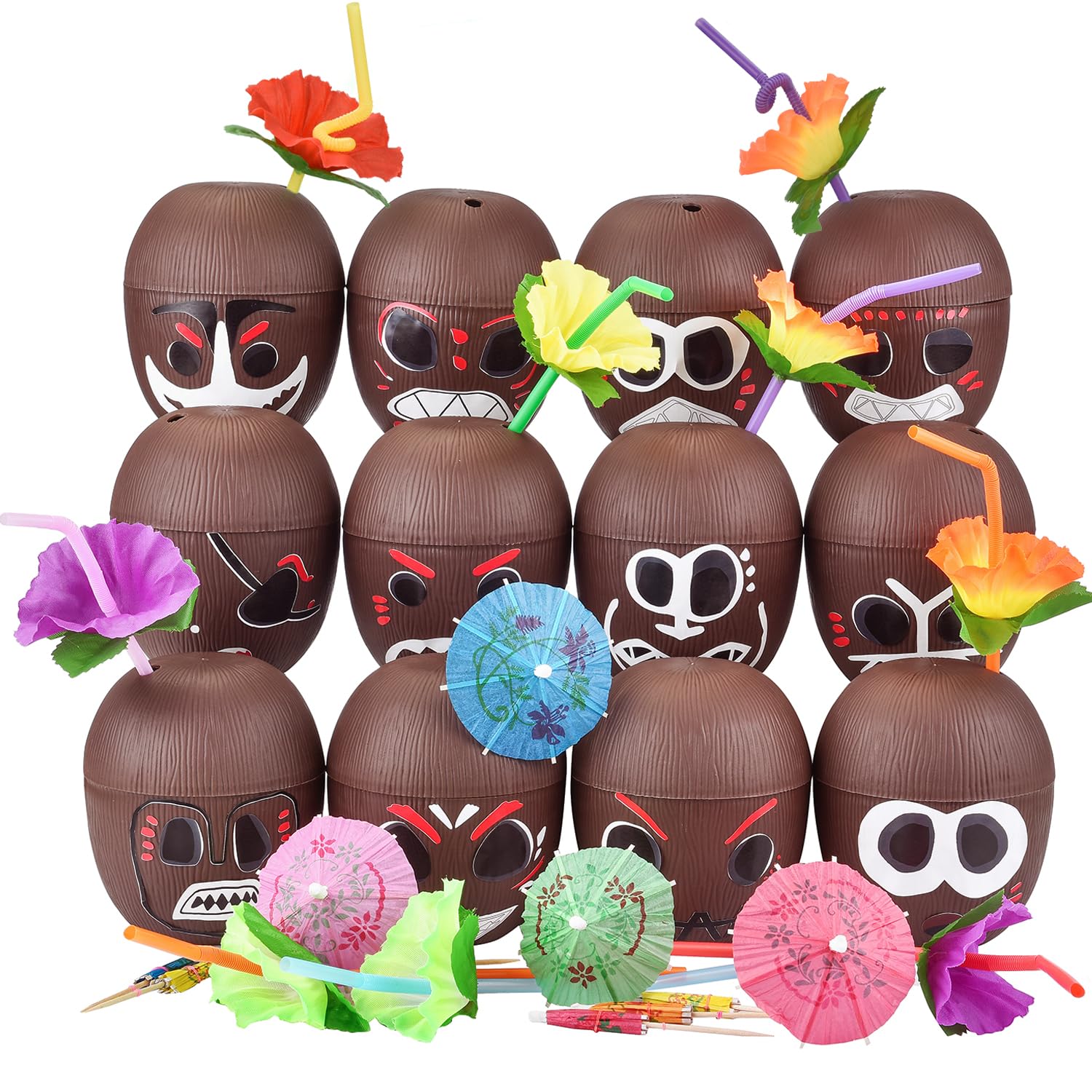 NINU 12 Pack Coconut Cups with 12 Straws 12 Cocktail Drink Picks and 12 ...