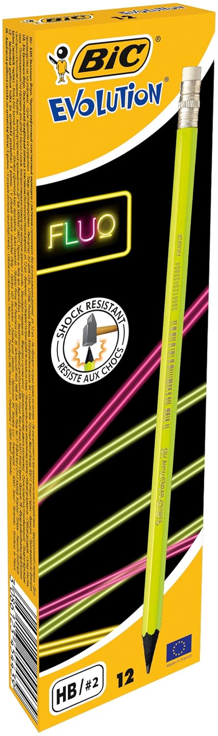 Bic 942882 Fluo Evolution Fluo HB with Eraser Pencil 4 Assorted Colours (Pack of 12): Amazon.co ...