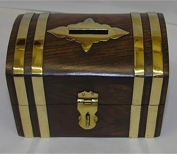 Money Box Treasure Chest Plain Wood Wooden Box 10 cm Brass Teak Storage ...
