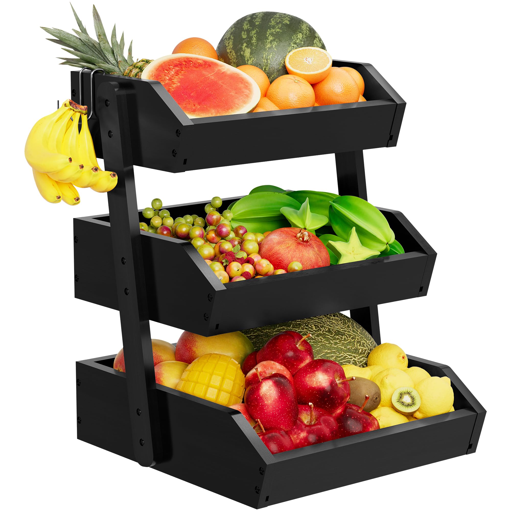 Bamboo 3 Tier Fruit Basket For Counter With Two Banana Hook, Fruit And ...