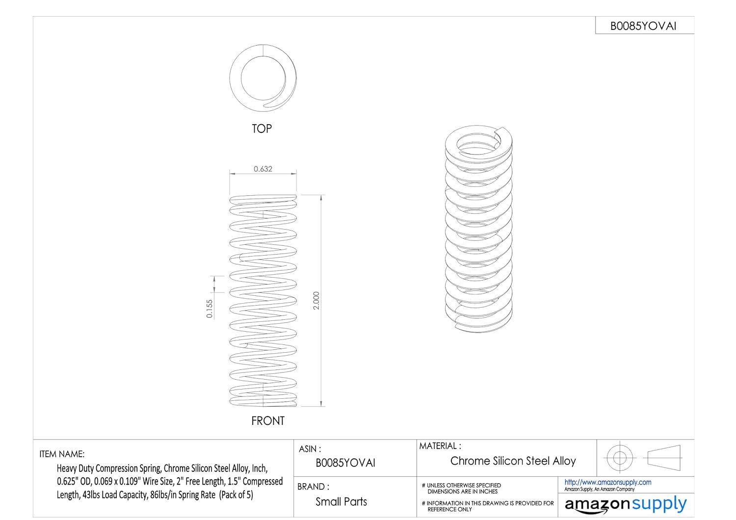 1.5 Compressed Length 86lbs/in Spring Rate Inch Chrome Silicon Steel ...