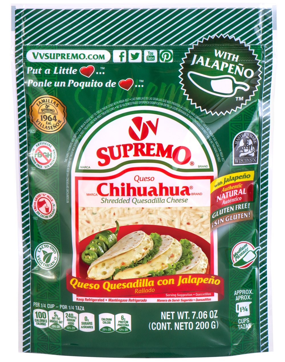 V&V Supremo, Shredded Jalapeno Cheese, 7.06 oz: Amazon.com: Grocery ...