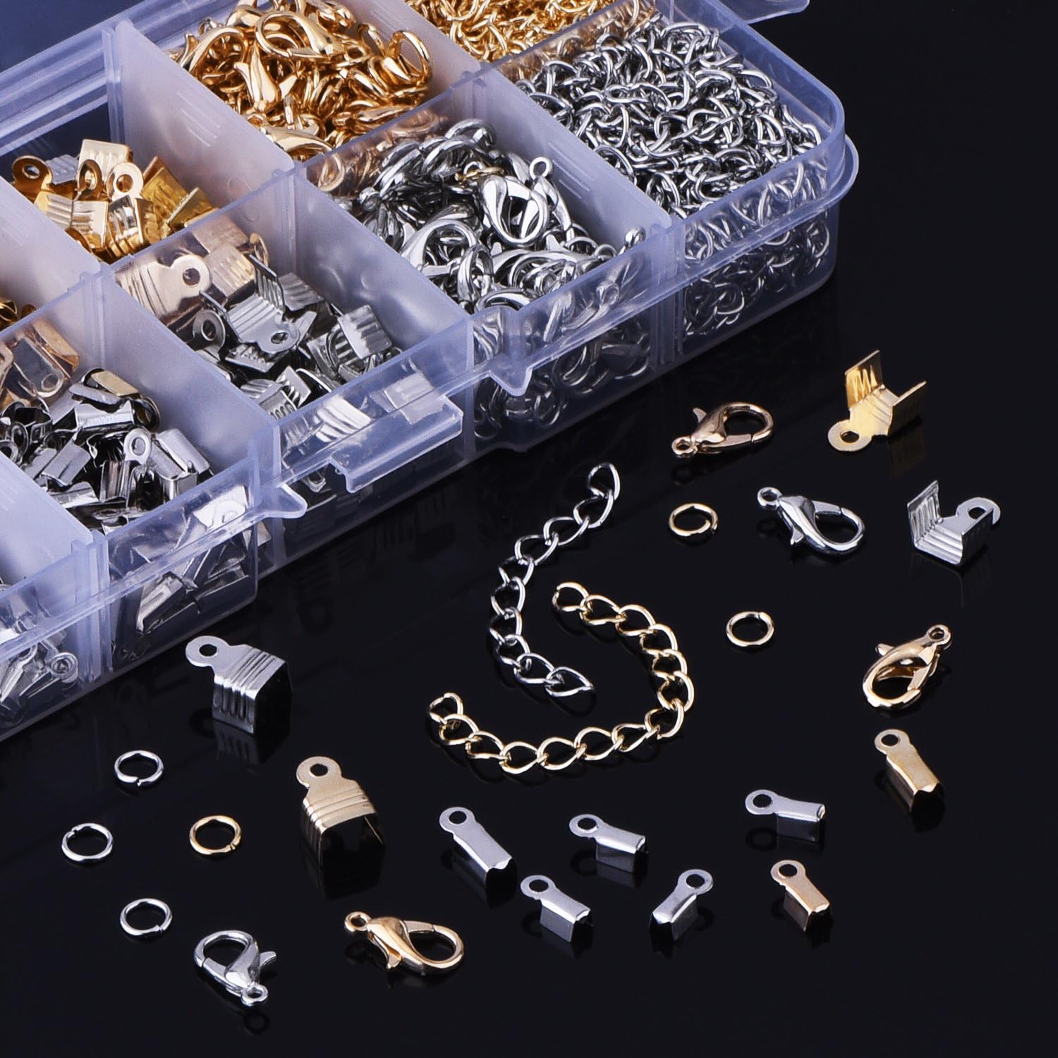 1000 Pieces Jewelry Findings Kit Iron Fold Over Cord Ends Lobster Claw ...