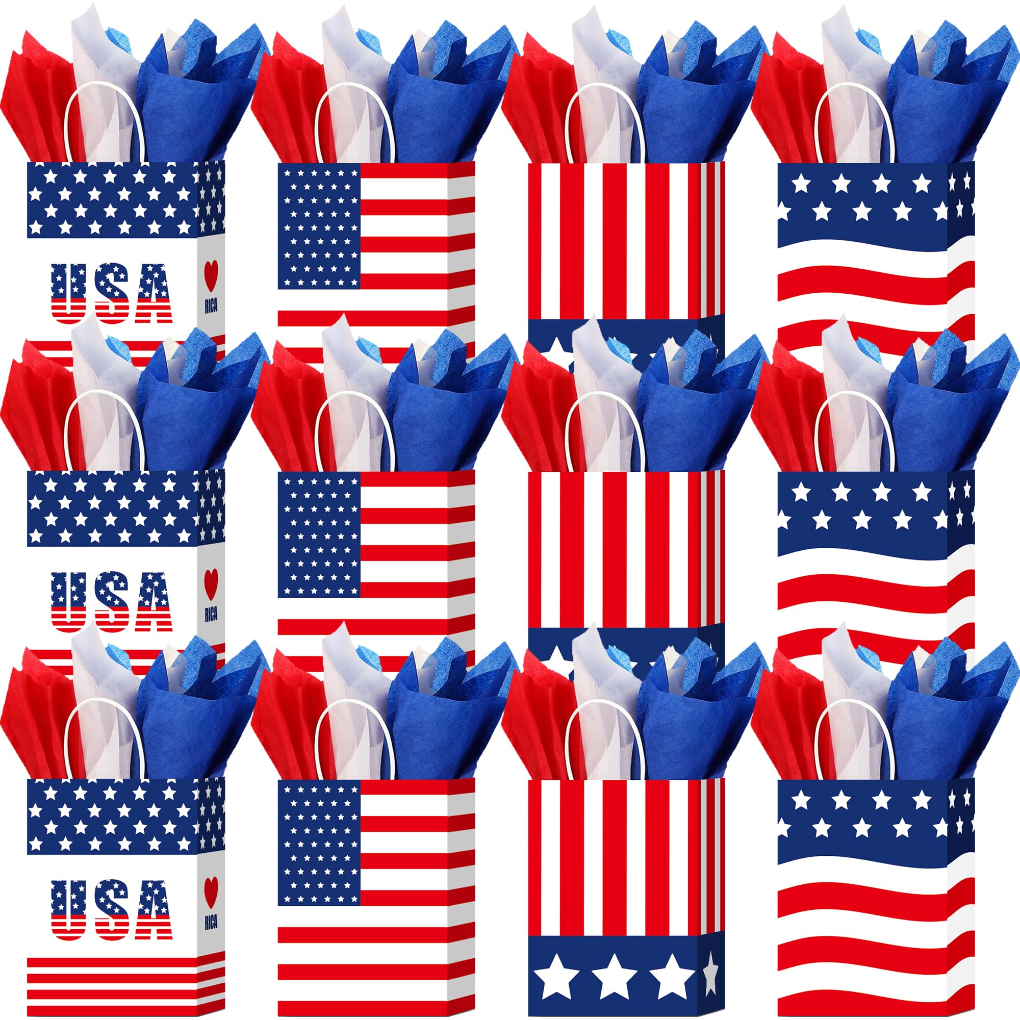 Keioy 24Pcs Patriotic Gift Bag with Handles,Red White Blue Tissue Paper ...
