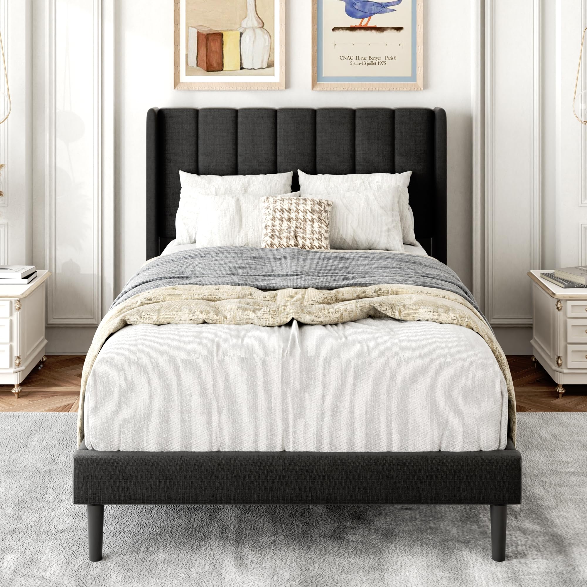 Gruwans Twin Size Bed Frame with Upholstered Wingback Headboard, Easy ...
