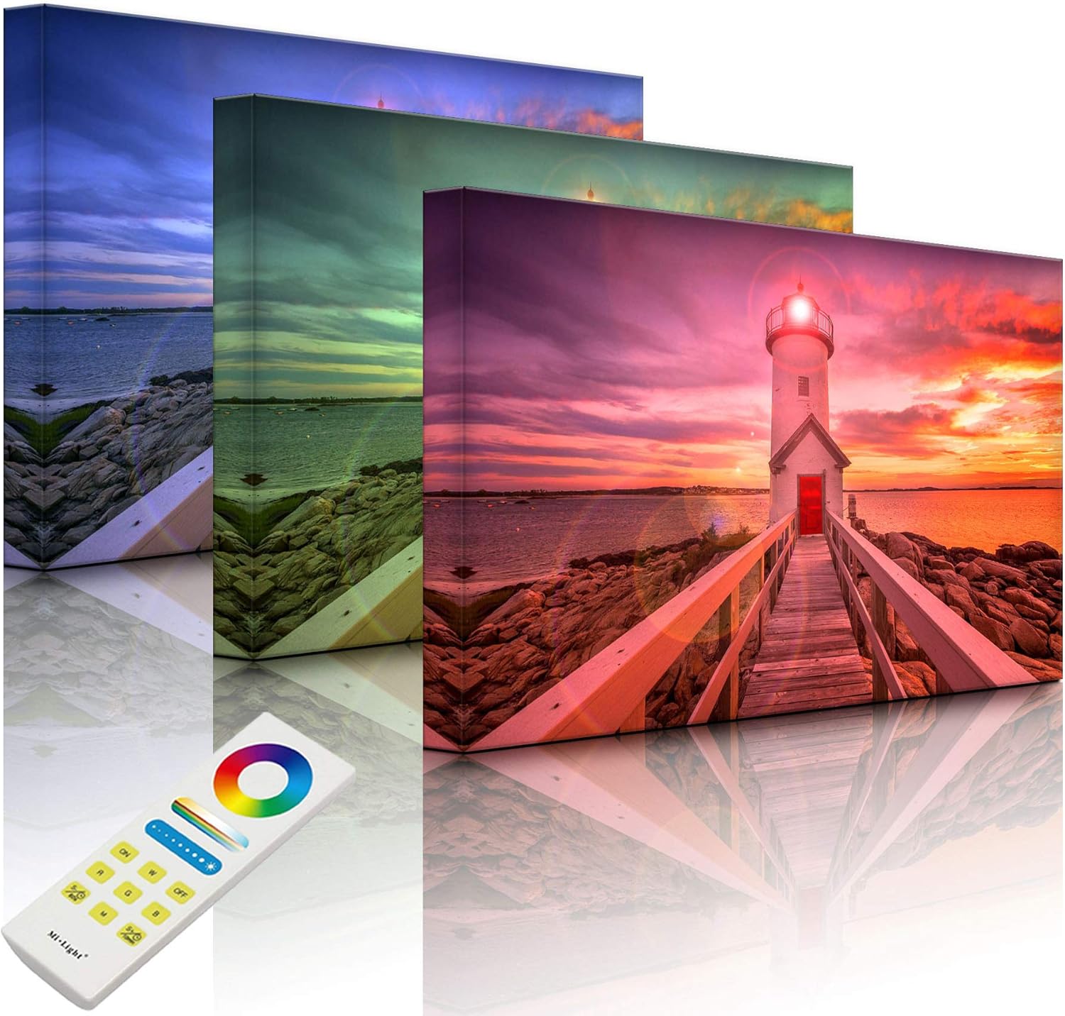 Lightbox-Multicolor | Leinwandbild beleuchtet | Leuchtturm bei Sonnenuntergang | 100x70 cm ...