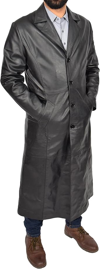 A1 FASHION GOODS Herren Lange Ledermantel Voller Länge Schwarzer Leder ...
