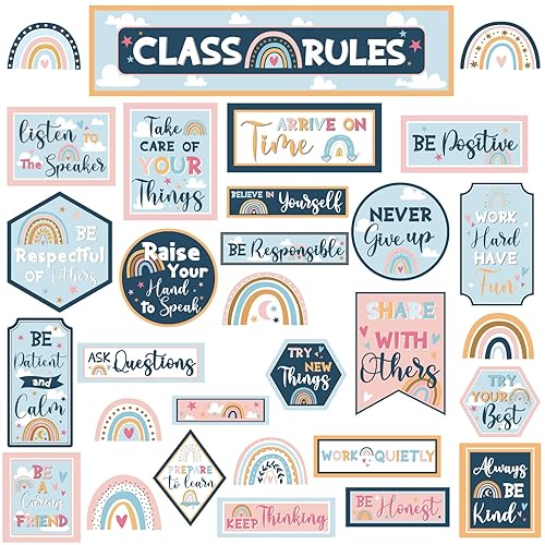 Class Rules Bulletin Board Decorations Boho Rainbow Classroom Rules ...