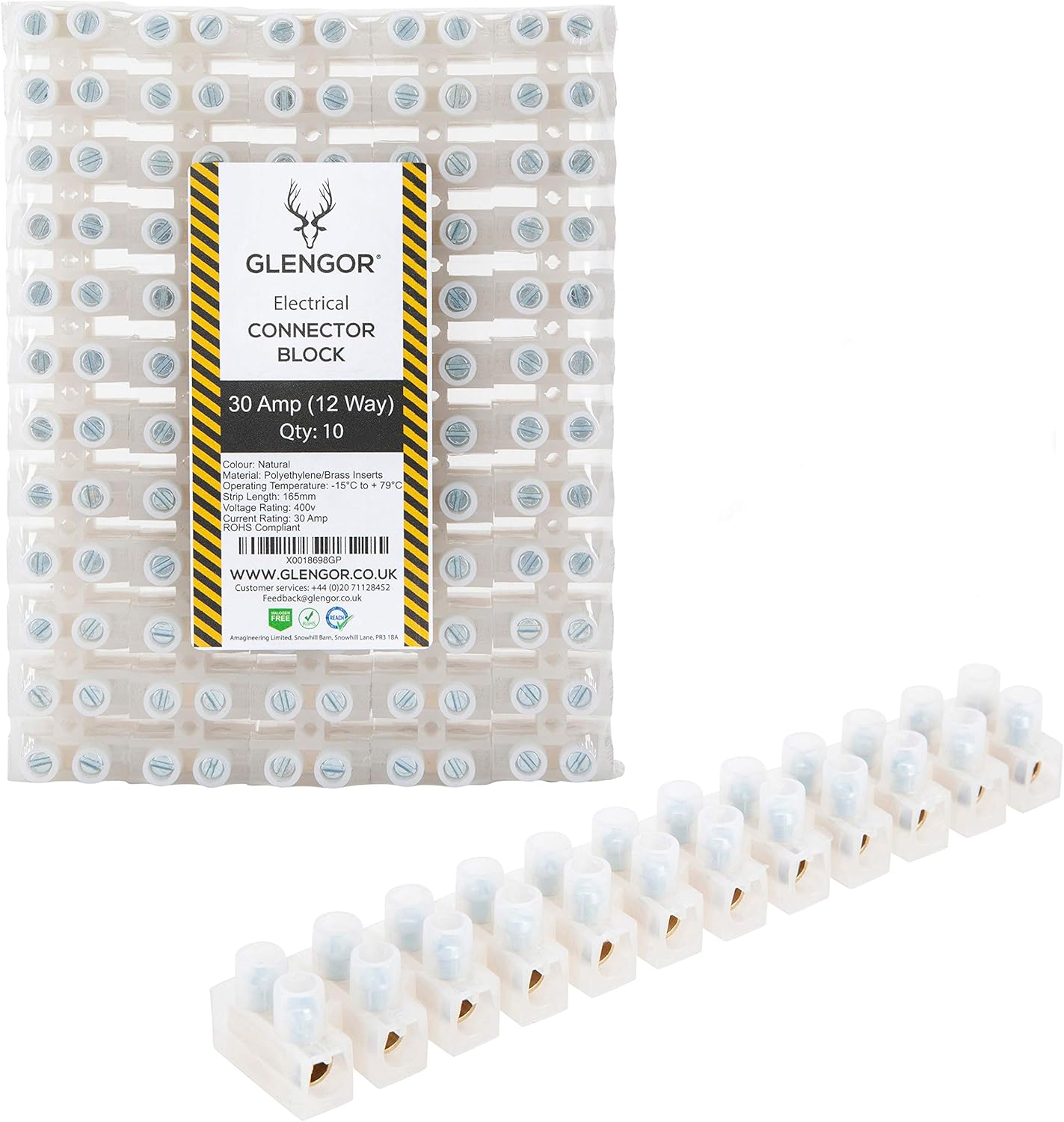 Glengor 30 Amp Terminal Block Connector Strip | Pack of 10 | 12 Way ...