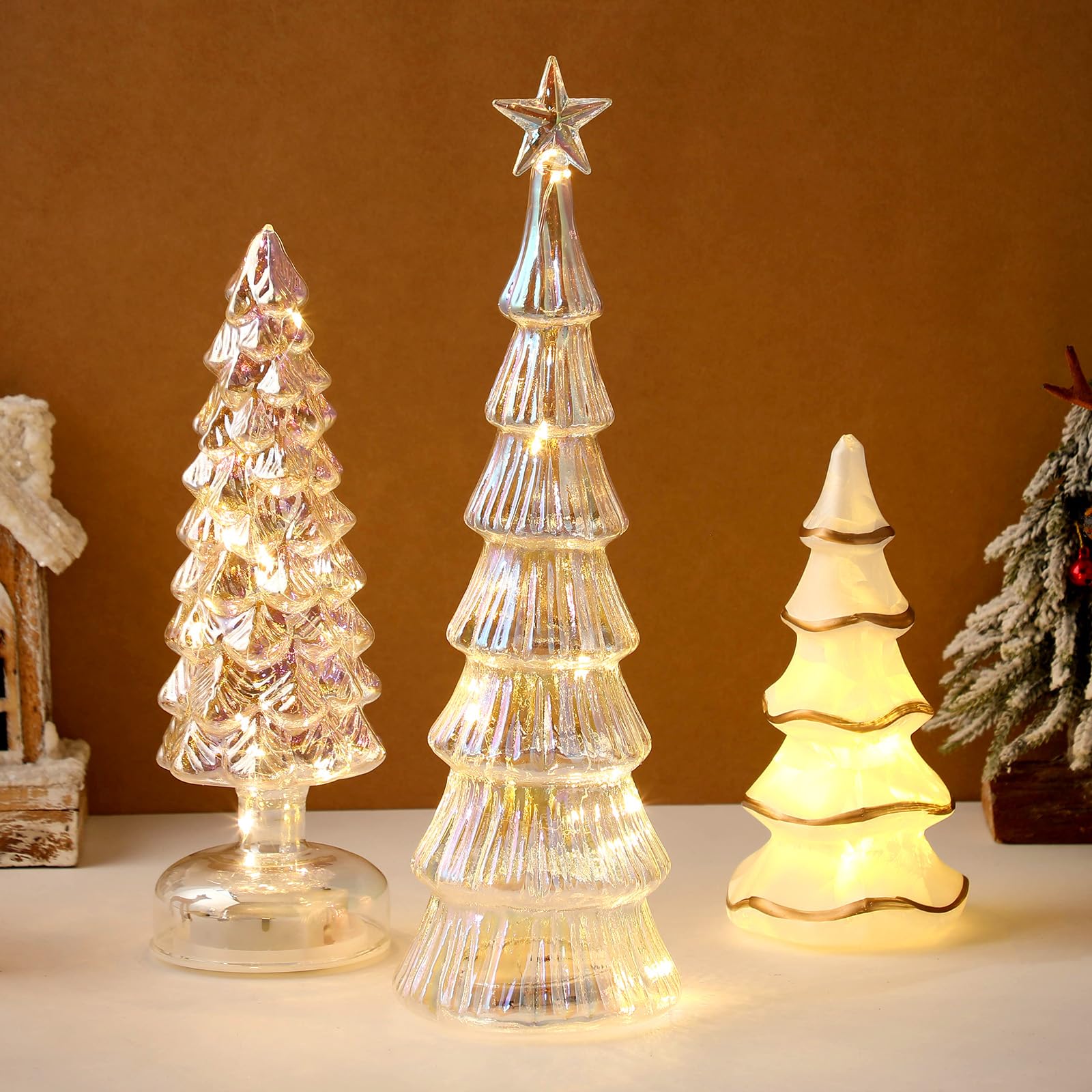 Funnymoom 3 Pack Glass Christmas Trees Lighted Christmas Tree Tabletop ...