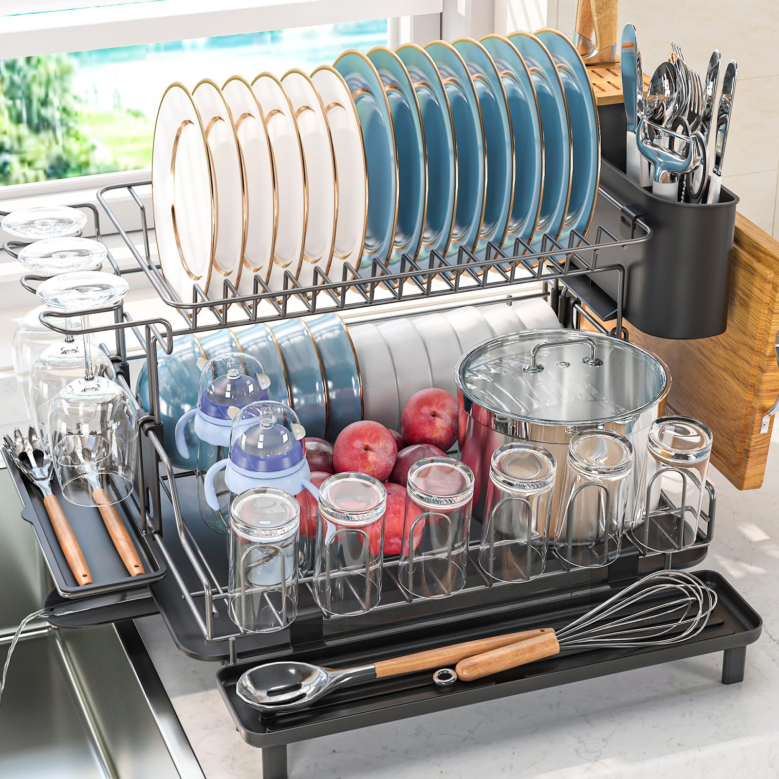 KINGRACK 2 Tier Dish Rack, Large Capacity Dish Drying Rack with Drip ...