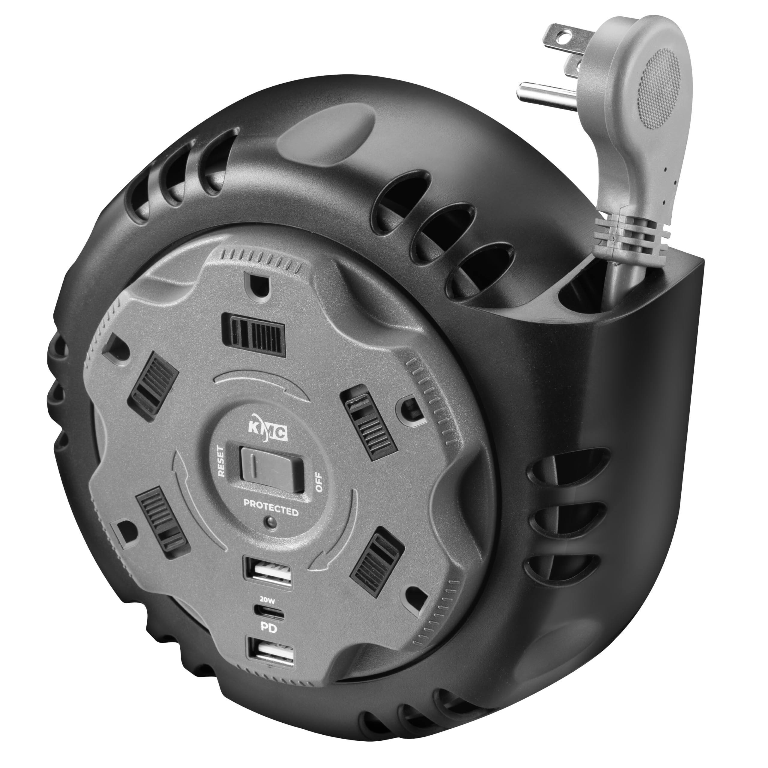 KMC 5-Outlet USB-C PD Surge Twist Retractable Power Strip Cord Reel, 2 ...