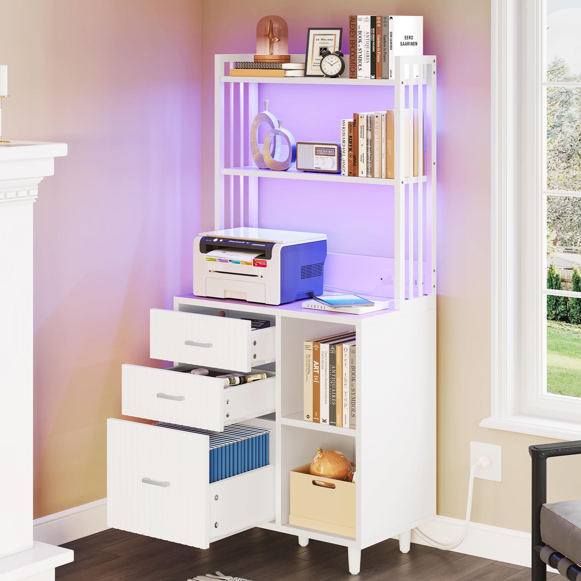 YITAHOME 3 Tier Bookcase, Bookshelf with Lighting, File Cabinet with ...