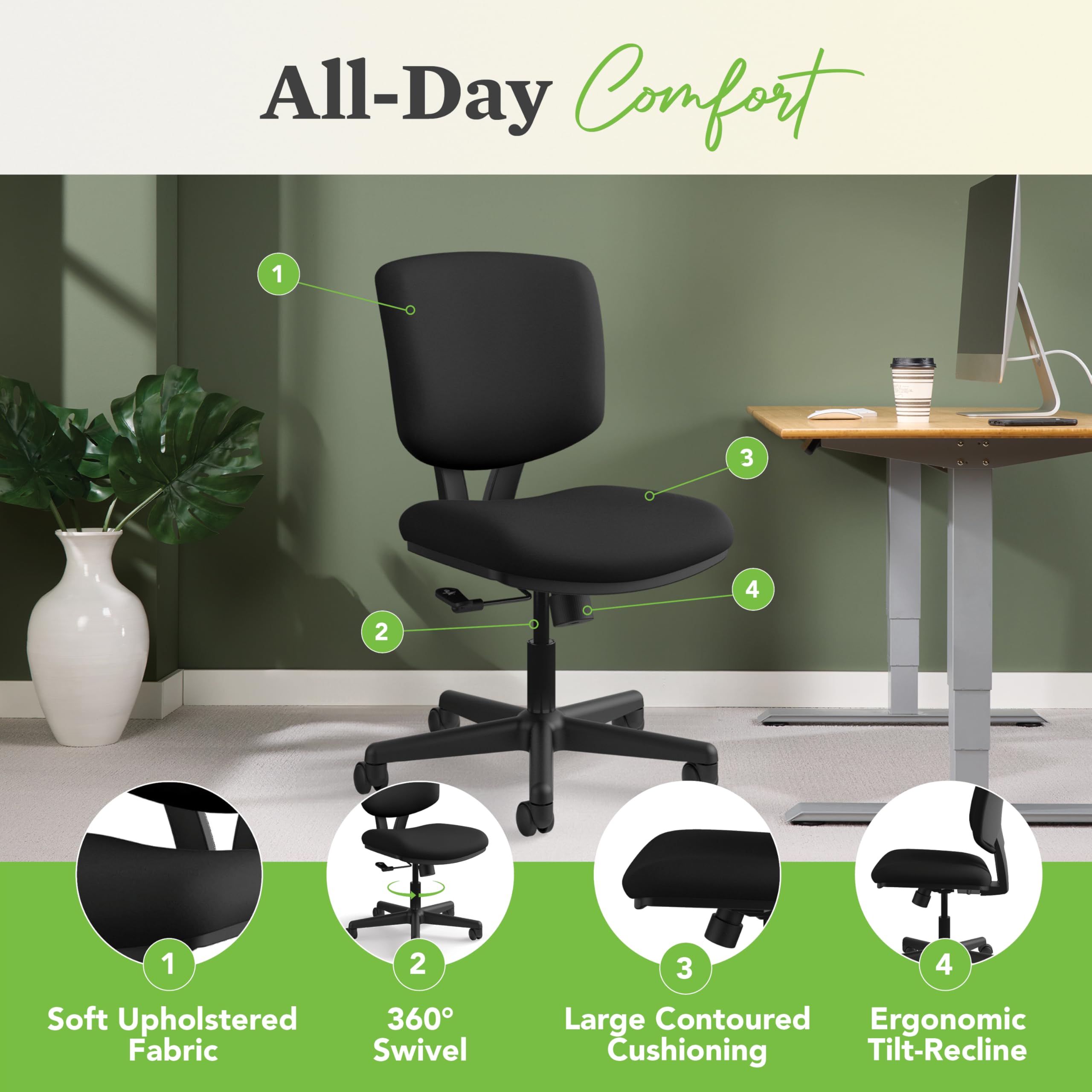 HON Volt Armless Chair, Ergonomic Adjustable Center-Tilt Recline ...