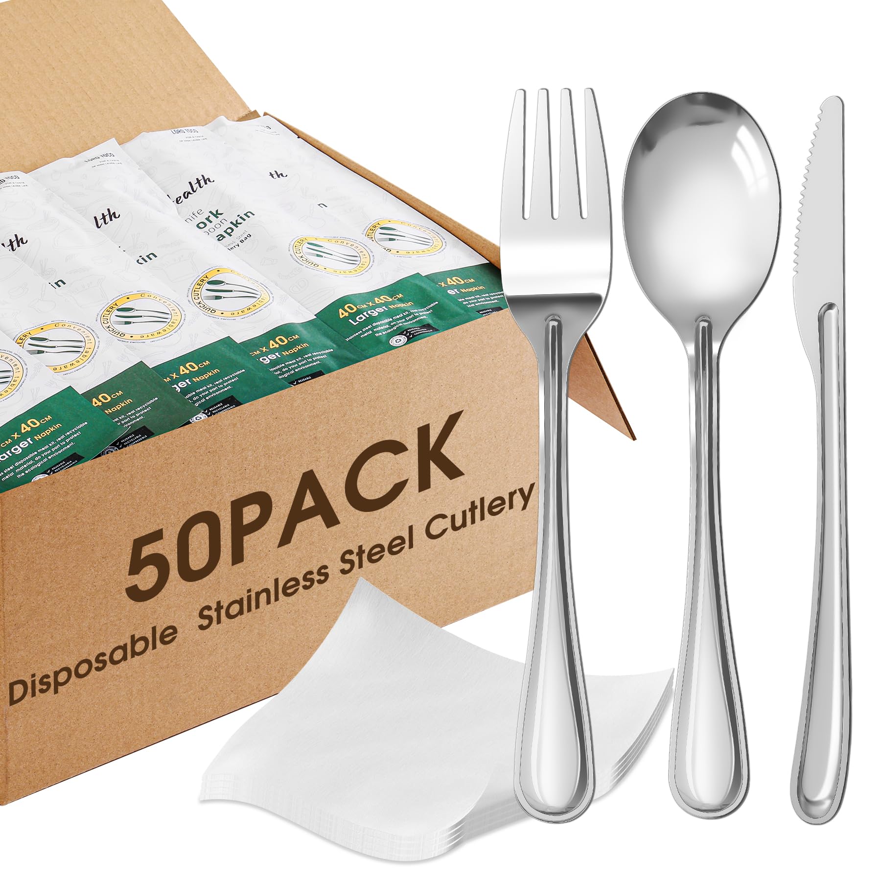 LOROTOCO 50-Pack Pre-Wrapped Disposable Heavy Duty Cutlery Set with ...