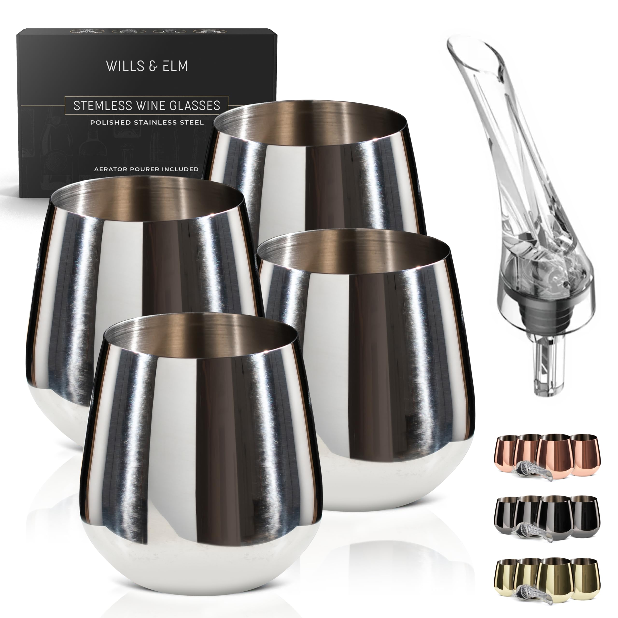 Stemless Stainless Steel Wine Glasses Set of 4 with Aerator ...