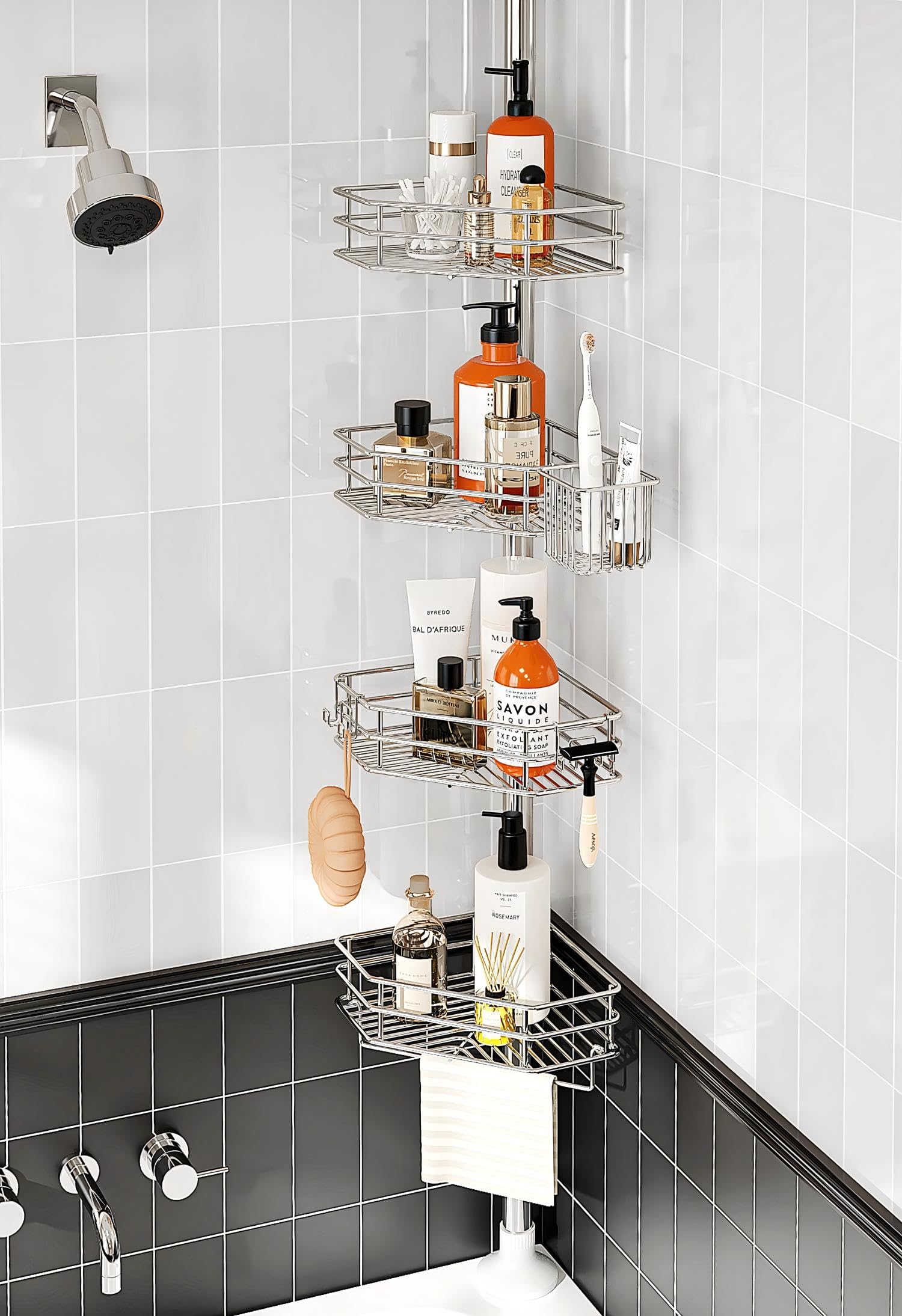 SEIRIONE Corner Shower Caddy Tension Pole, Adjustable Shower Organizer ...