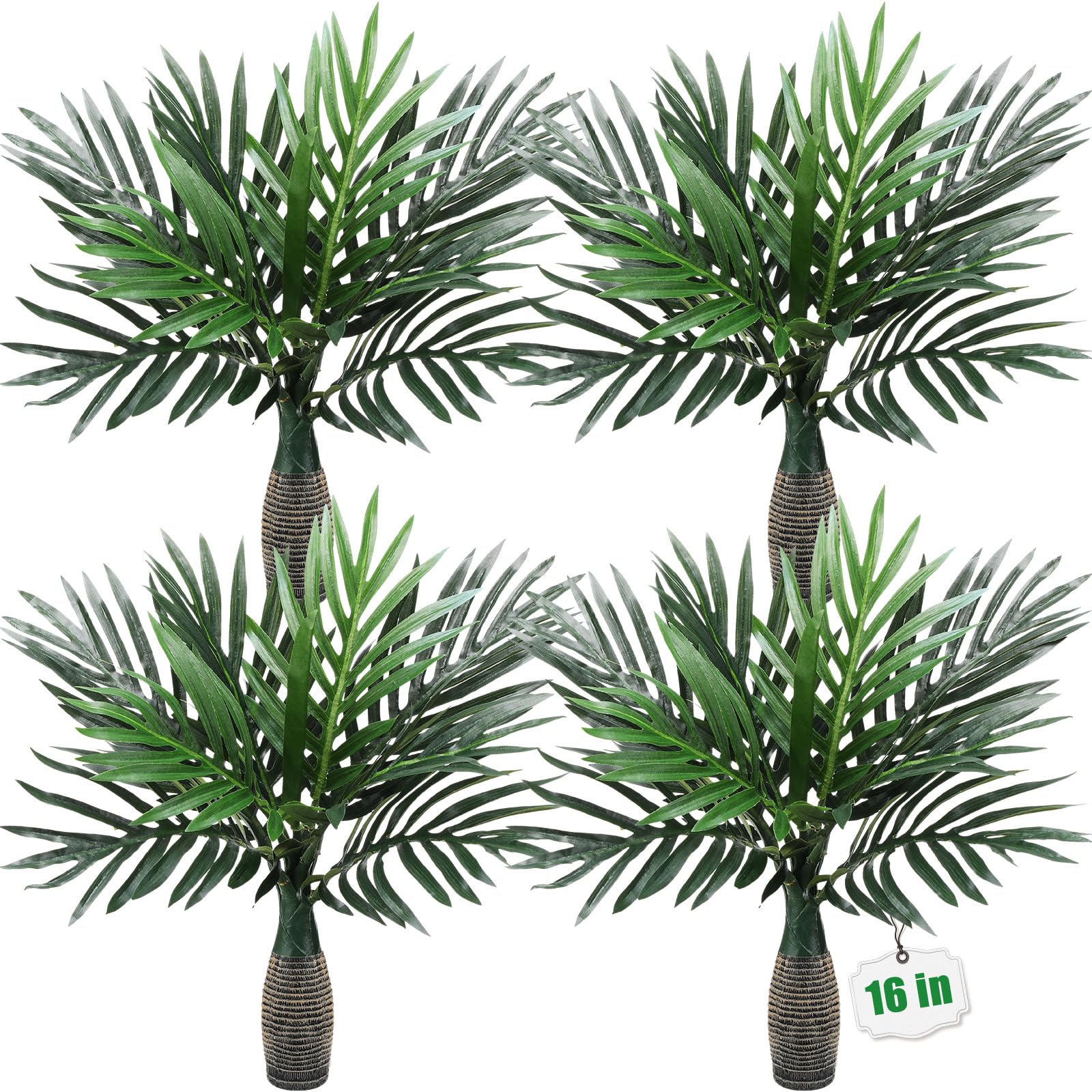Jexine 4 Pcs 16'' Mini Artificial Palm Tree, Faux Fake Tropical Plant ...