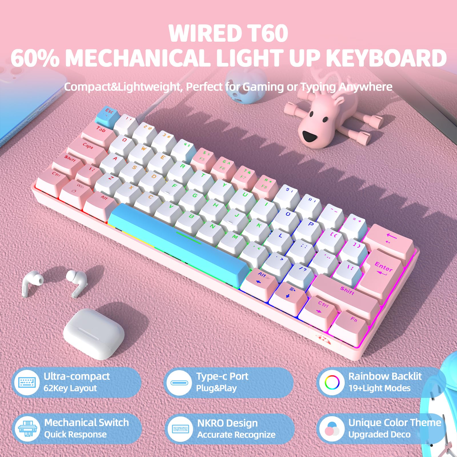 Mua T60 Wired 60% TKL Mechanical Gaming Keyboard with Led Rainbow ...