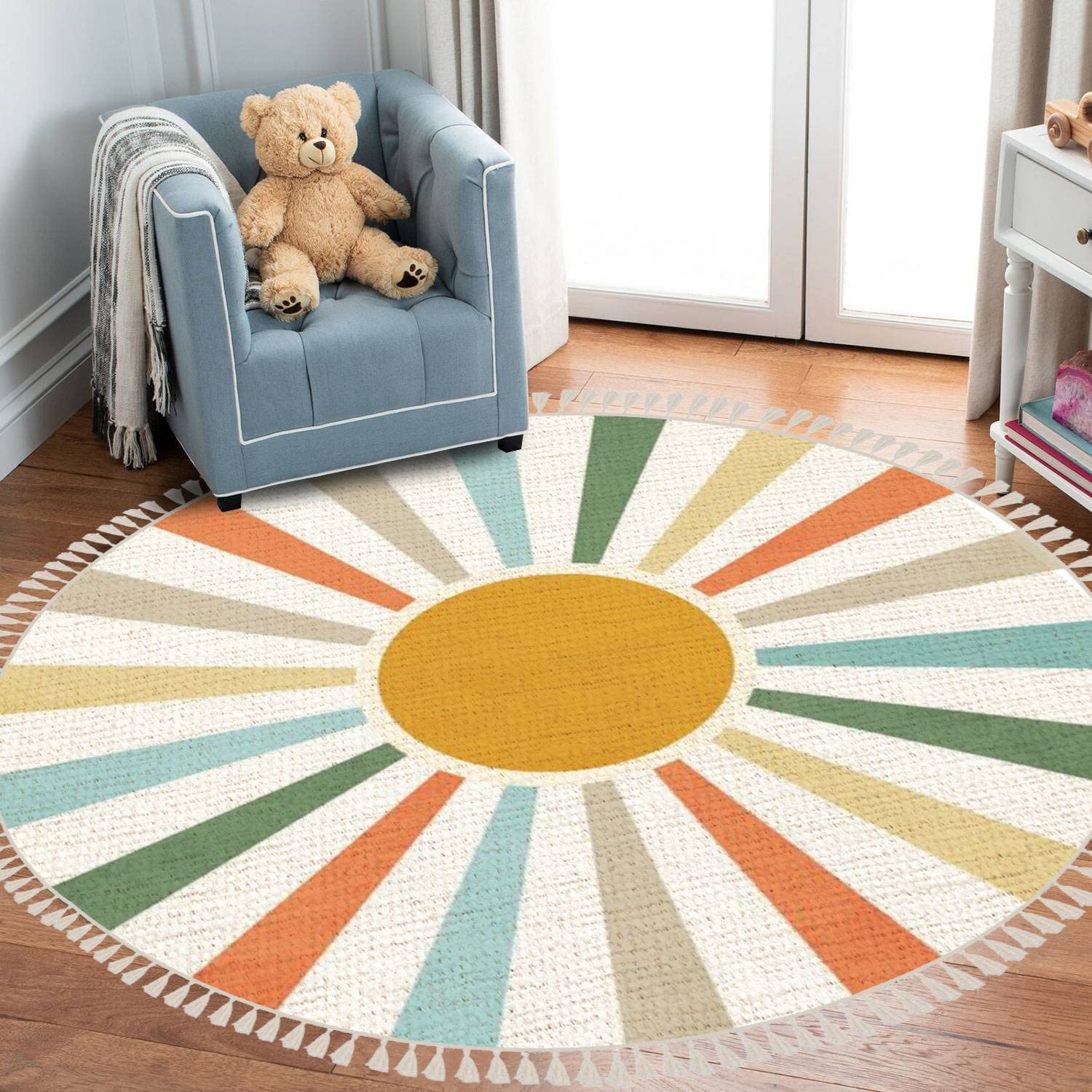 Round Rugs Colorful Rainbow Sun Boho Area Rug Linen and Cotton Carpet ...