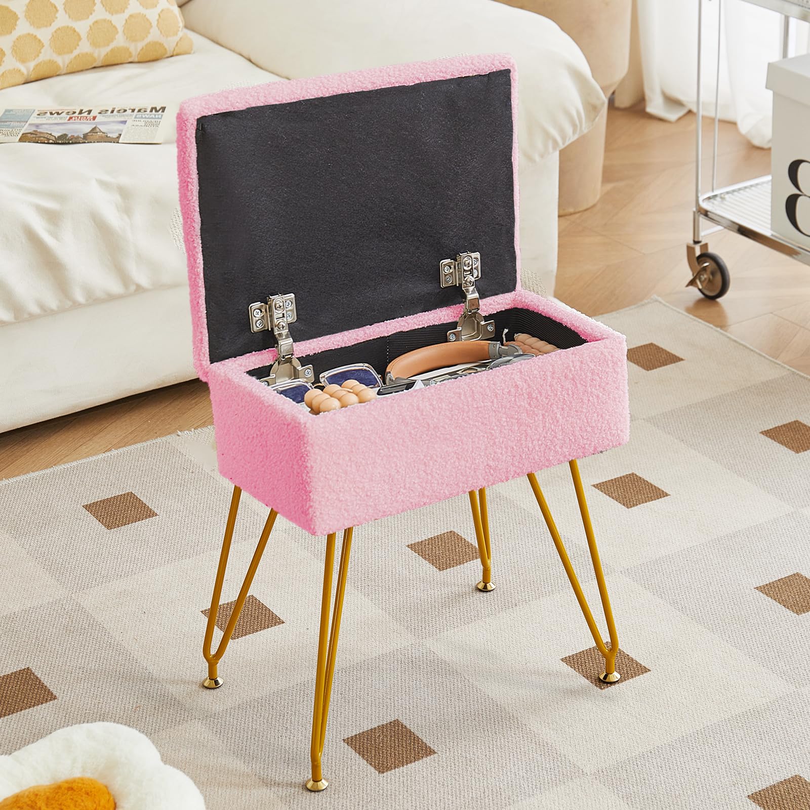 Alessing Vanity Stool Chair Ottoman with Storage, Sherpa Vanity Chair ...