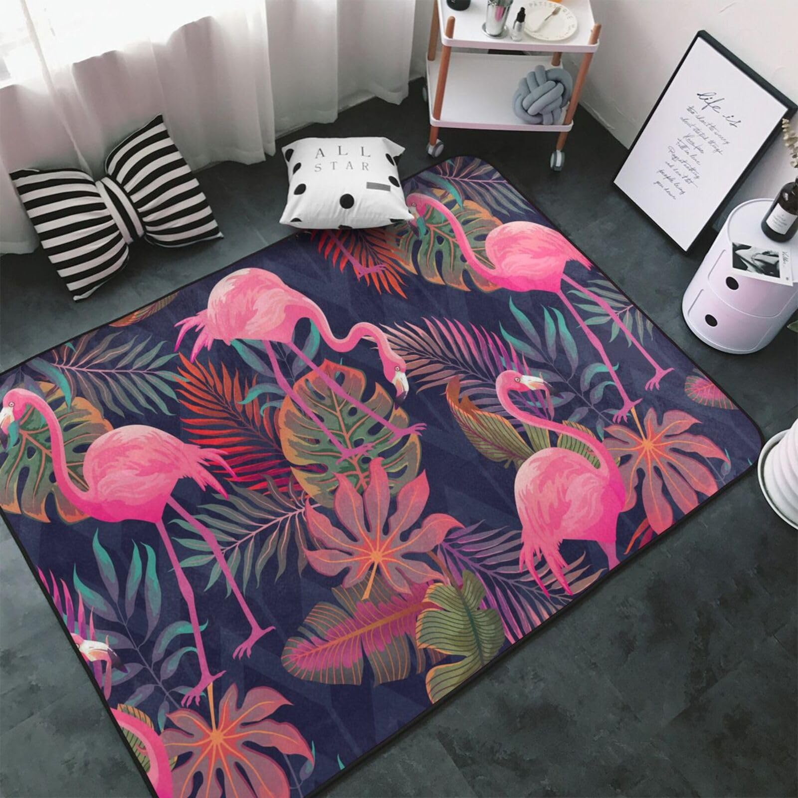 Jbofyee Tropical Pink Flamingos Palm Leaves Area Rug Non-Slip Soft ...