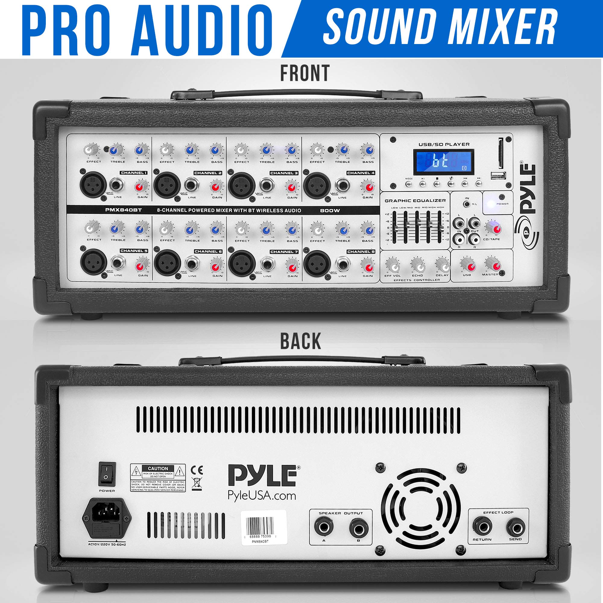 8-Ch. Bluetooth Stage Powered Mixer - 800W Pro Audio Sound Mixer, MP3 ...