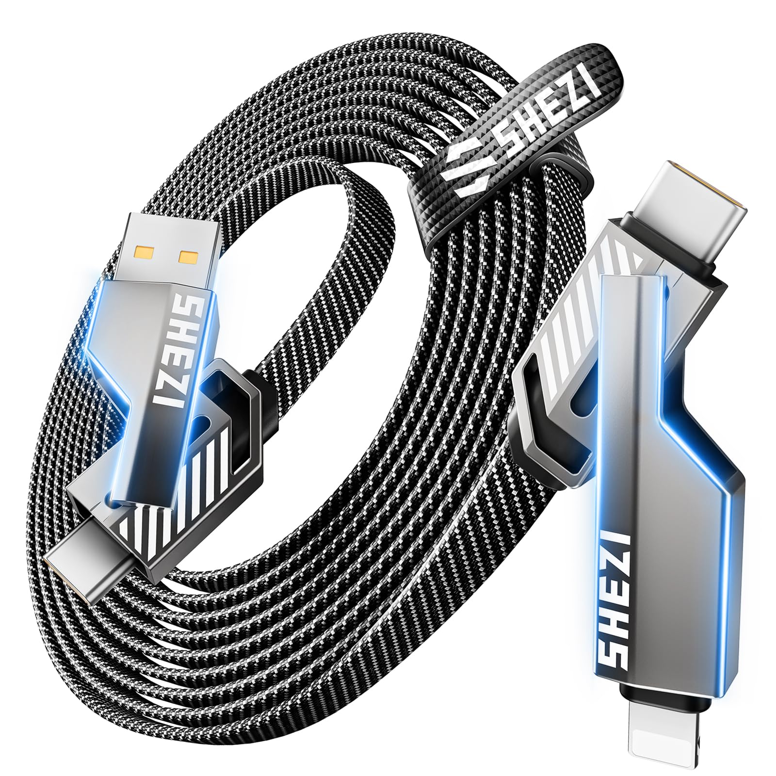 Vexipia 4-in-1 USB C Cable 60W 15FT Lightning Cable Fast Charging Flat ...