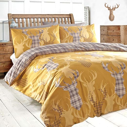 QPC Direct Stag Tartan Check Duvet Quilt Cover Bedding Set, Ochre ...