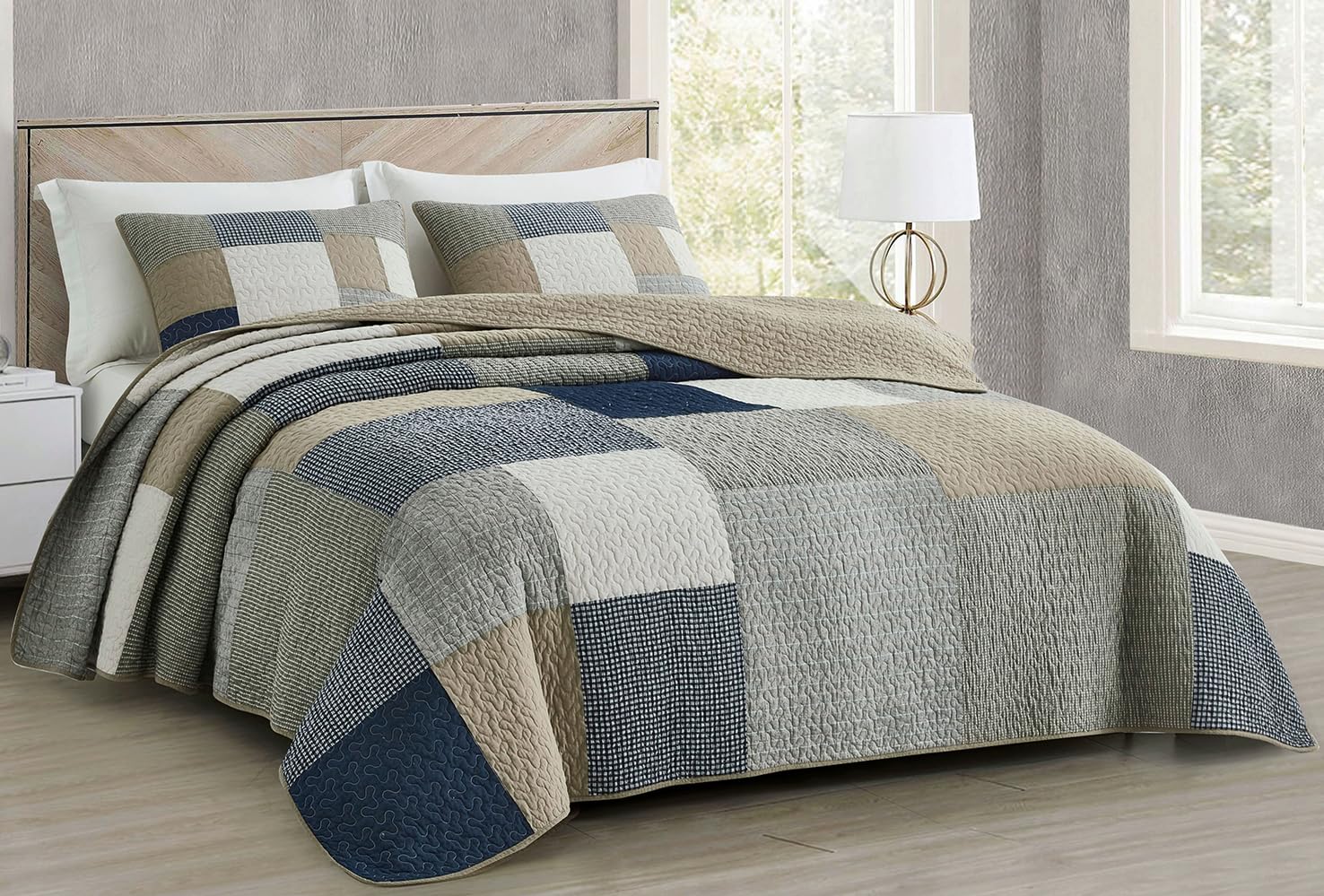 Chezmoi Collection Addy 3-Piece Navy Blue White Gray Taupe Plaid ...