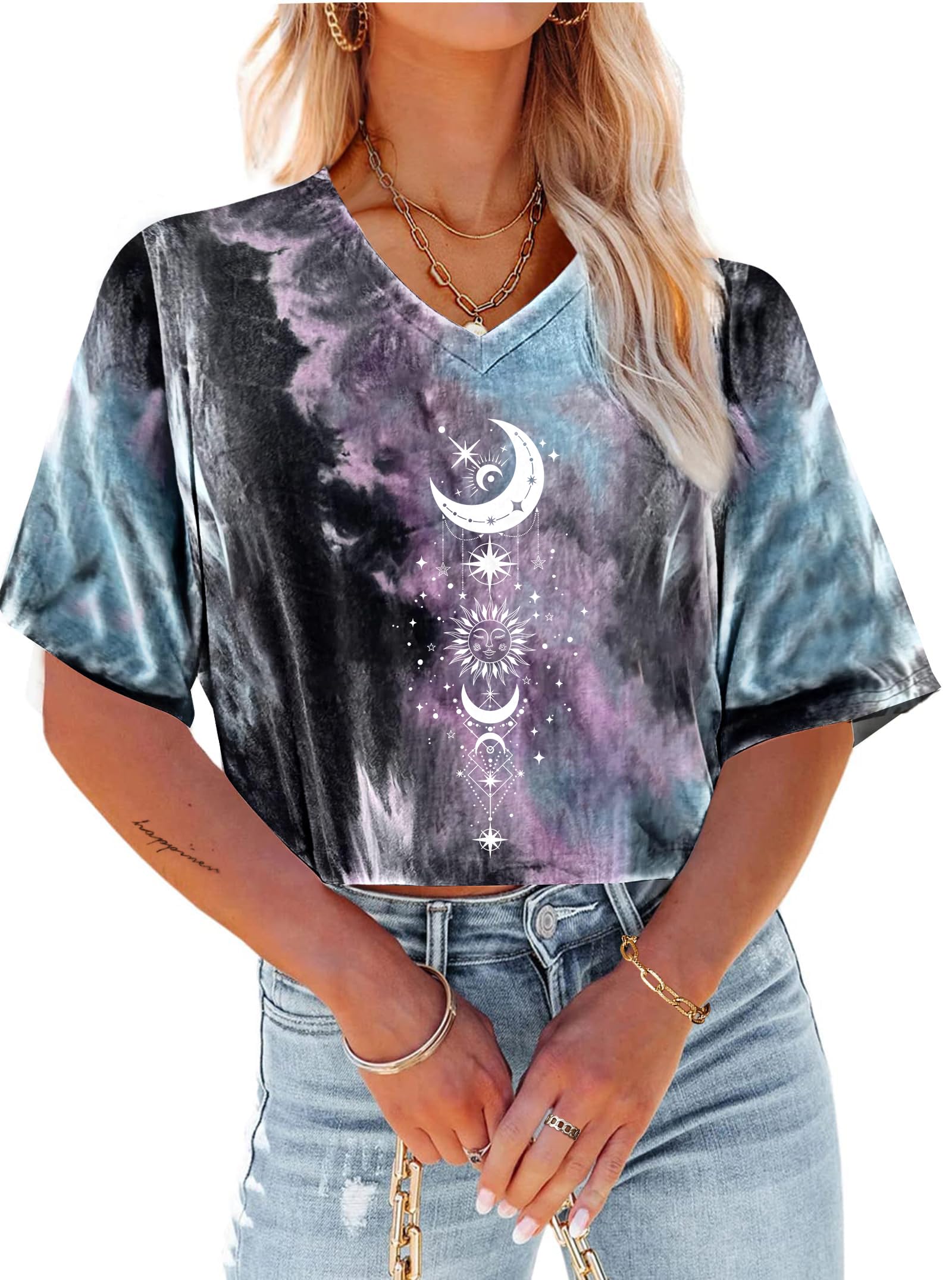 Remidoo Women's Oversized Crop Top Short Sleeve Graphic Tee Tie Dye T ...