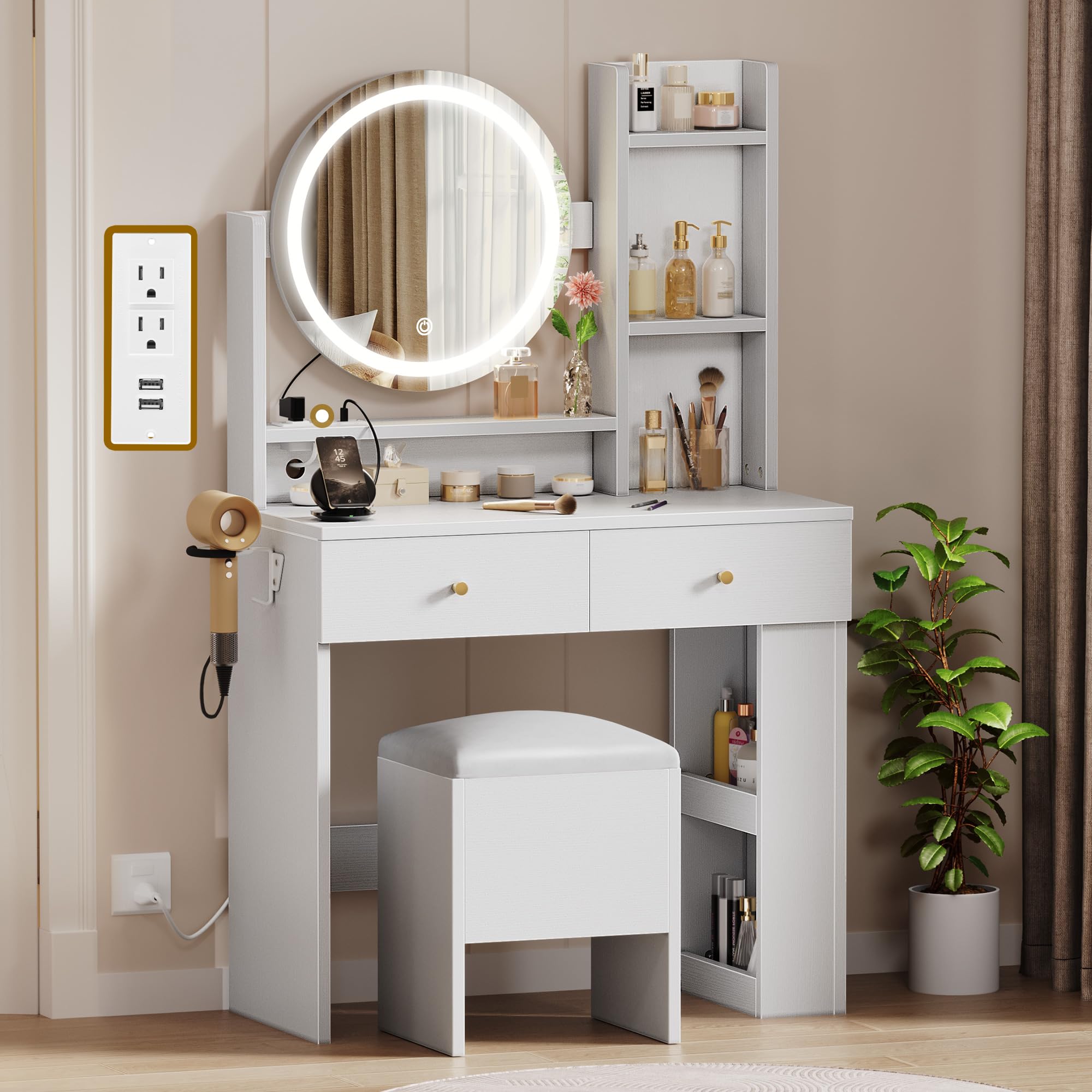 DWVO Makeup Vanity Desk with LED Lighted Mirror, White Vanity Set with ...