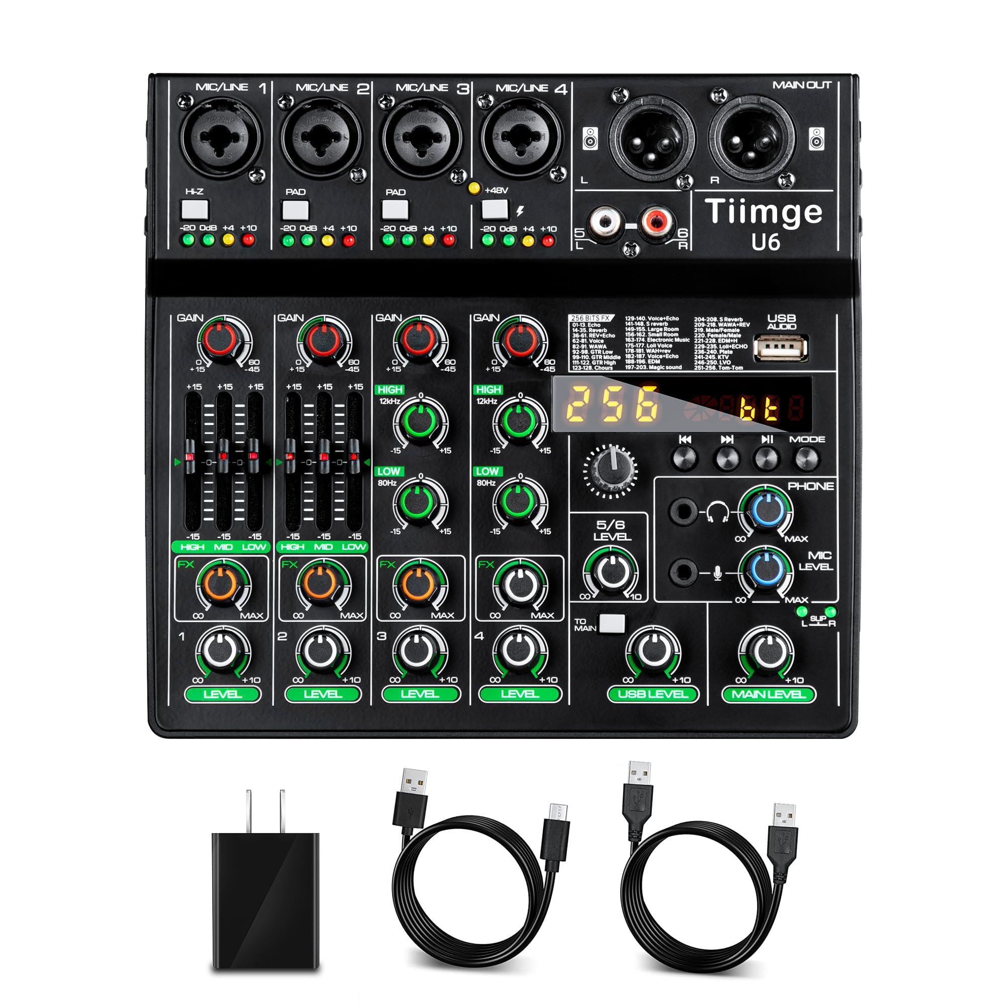 Tiimge Professional 6-Channel Audio Mixer with 256 DSP Effects,48V ...