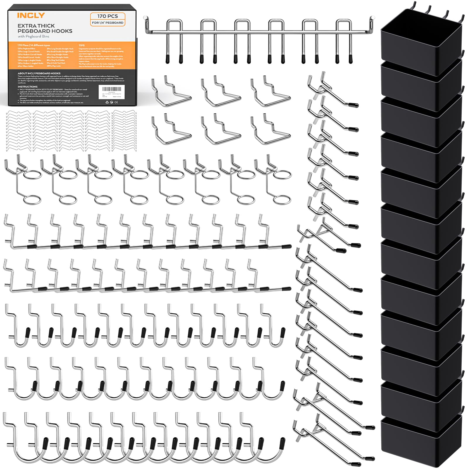 INCLY 170PCS 1/4 Inch Pegboard Hooks Kit, Extra Thick Heavy Duty Peg ...