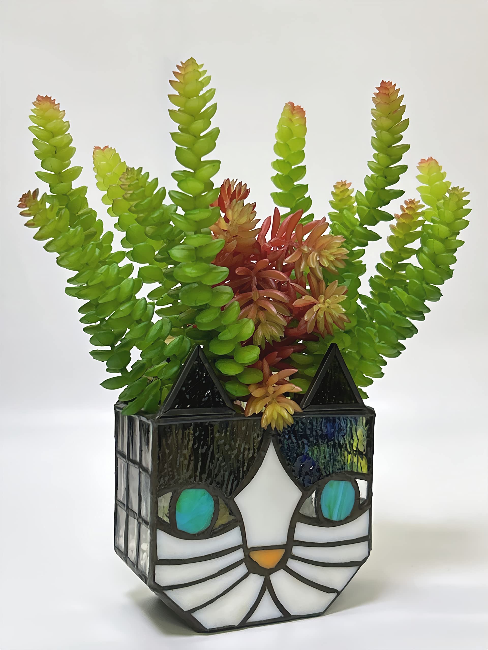 Tiffany Cute Cat Stained Glass Flower Pots,Indoor and Outdoor Plant ...