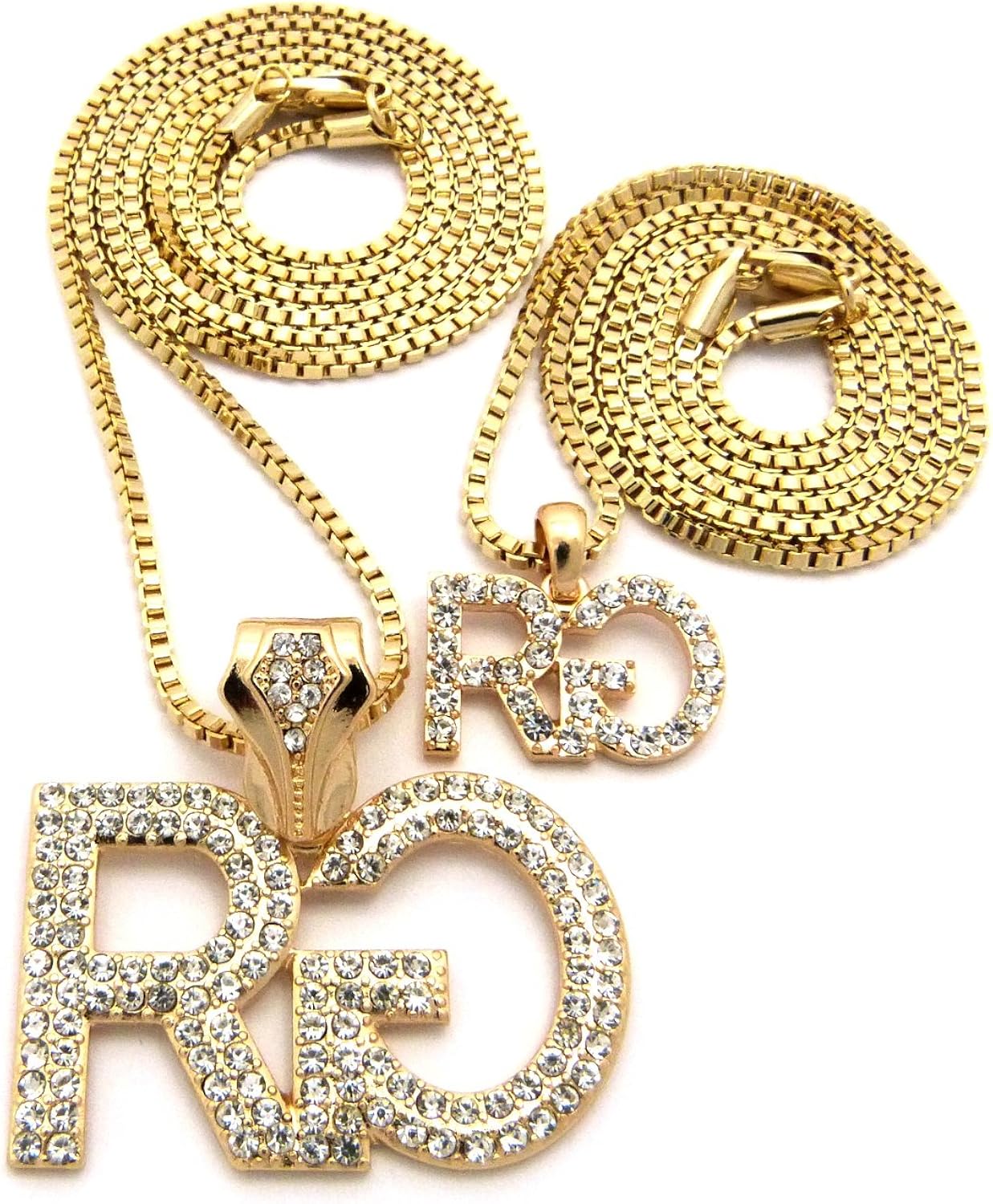New Iced Out Rich Gang 'RG' Pendant &2mm/24"&30" Box Chain Necklace Set ...