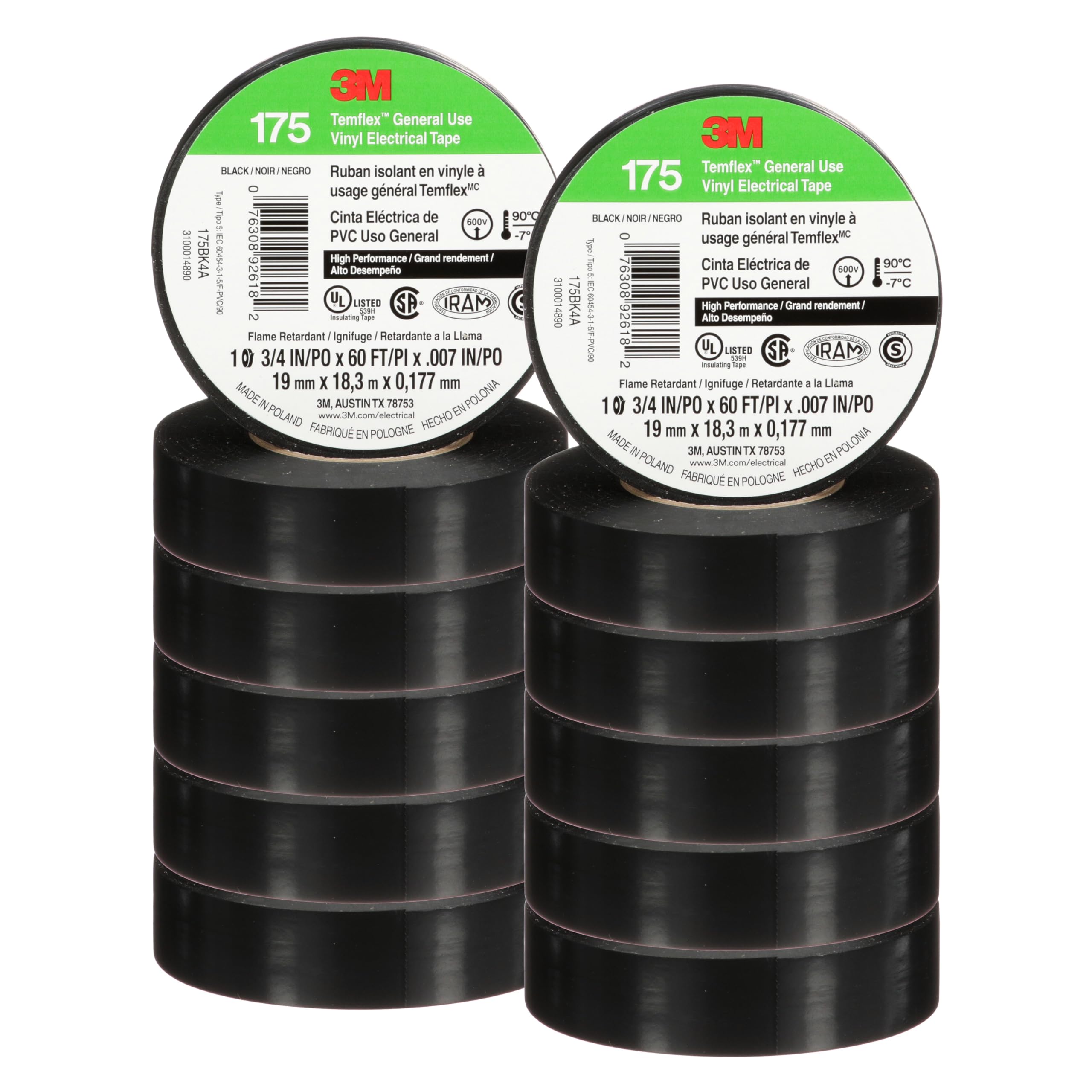 3M Temflex Vinyl Electrical Tape 175, Flame Retardant, Black, 7 mil, 3/ ...