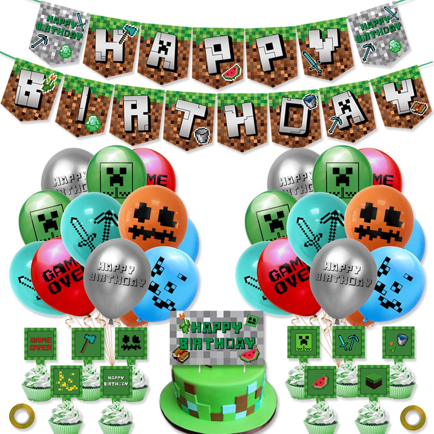 DWTECH Pixel Gaming Party Supplies- Including Happy Birthday Banner ,Video Game Party Balloons ...