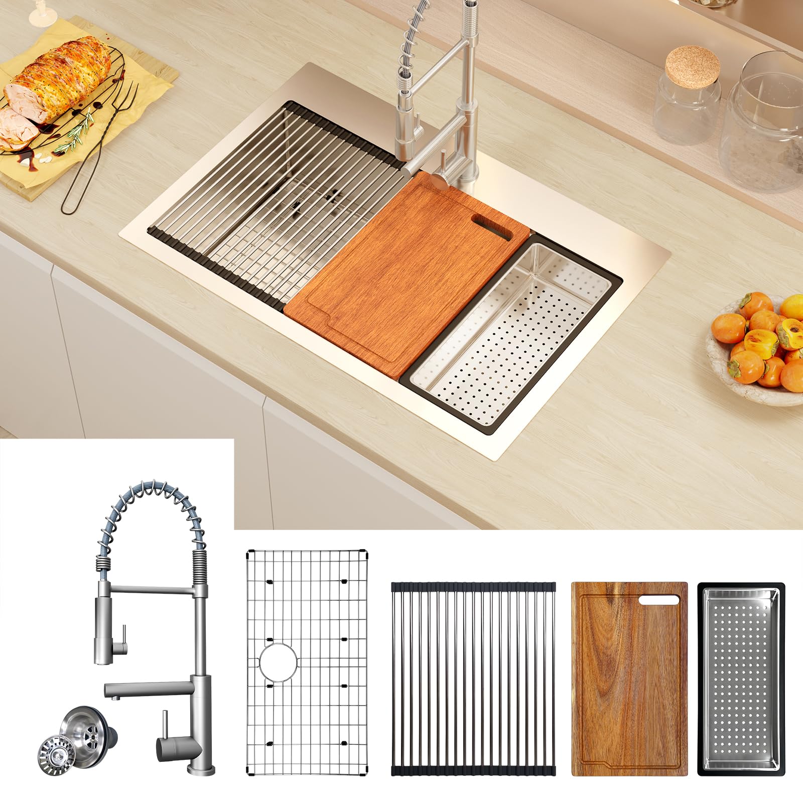 Workstation Kitchen Undermount Sink, TECASA 33 inch Drop-in Sink with ...