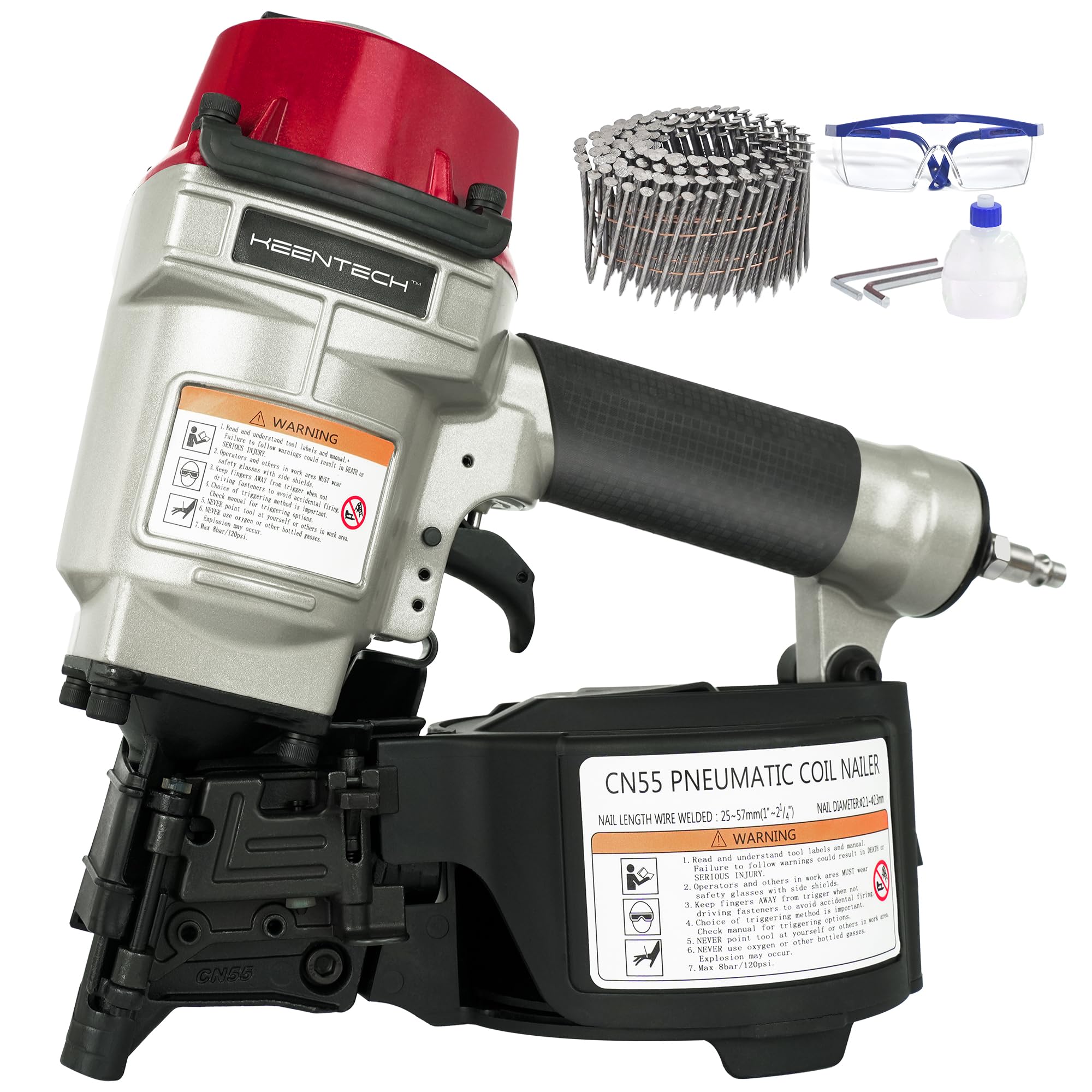 KEENTECH Pneumatic Siding Nail Gun for 1" to 2-1/4" 15-Degree Nails, Coil Siding Nailer with ...