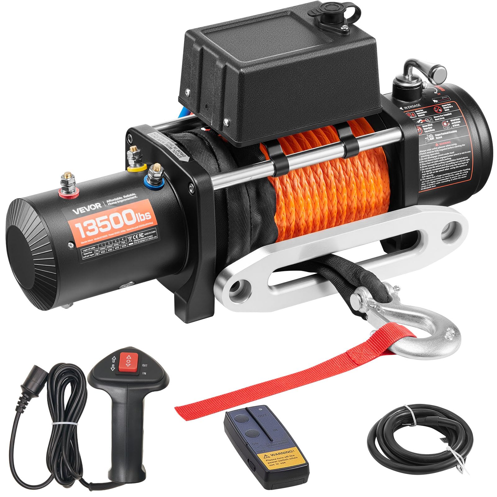 VEVOR 13,500 lb Electric, Truck Winch 12V DC 3/8 in x 80 ft Synthetic ...