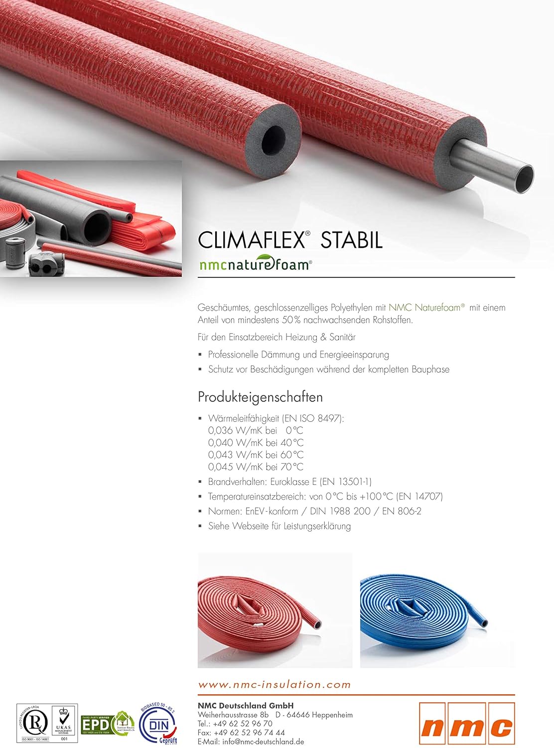 Rohrisolierung PE mit stabiler Schutzhaut rot oder blau 15-35mm | Dämmdicke 4mm Climaflex Stabil ...