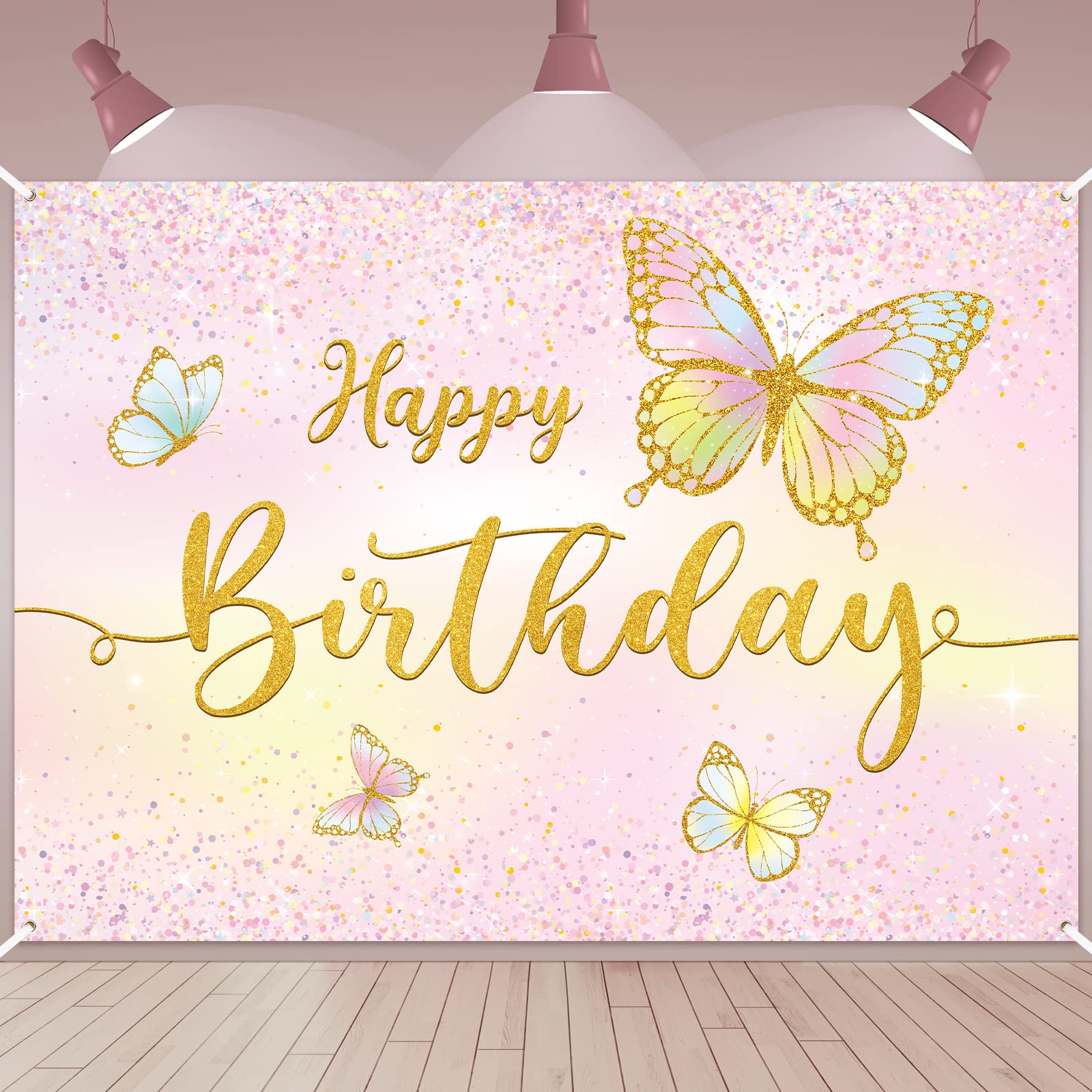 Dandat 7 x 5 ft Butterfly Happy Birthday Backdrop Pink Theme Gold Butterfly Birthday Party ...