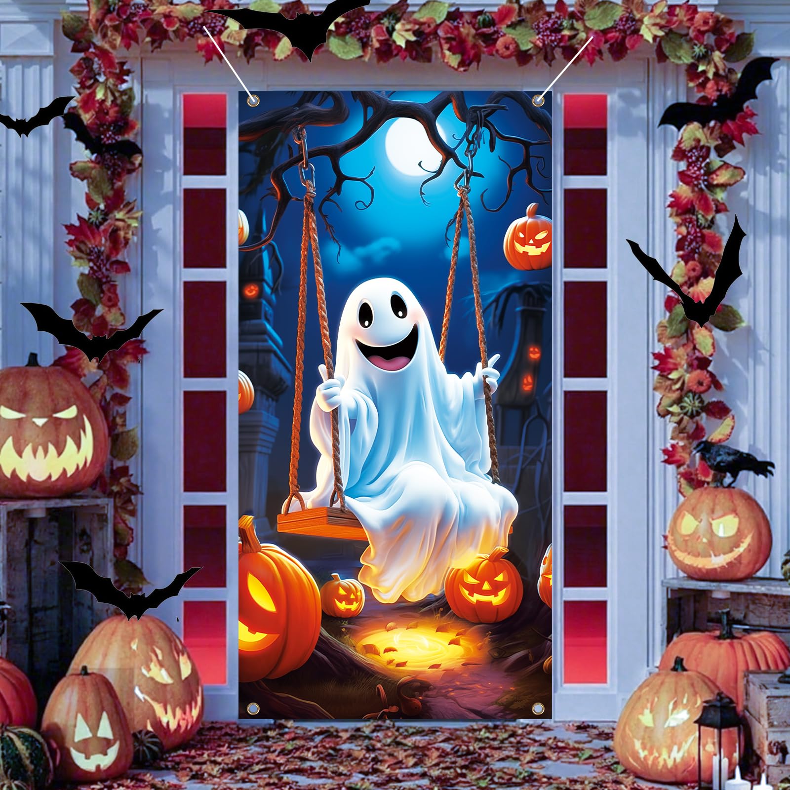 DERAYEE Halloween Door Cover, Cute Ghost Photography Backdrop Funny ...