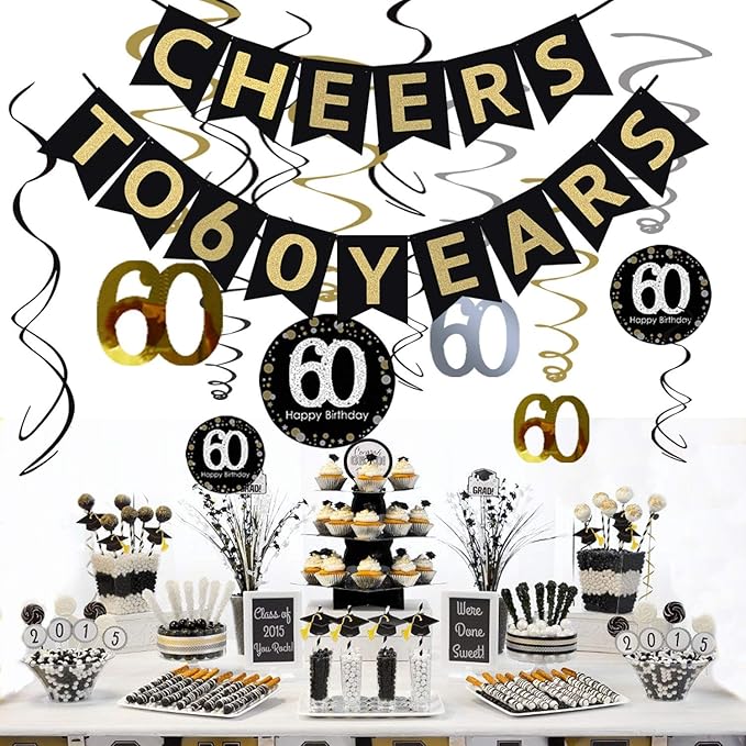 JeVenis 60th Birthday Party Decorations KIT - Cheers to 60 Years Banner, Sparkling Celebration ...