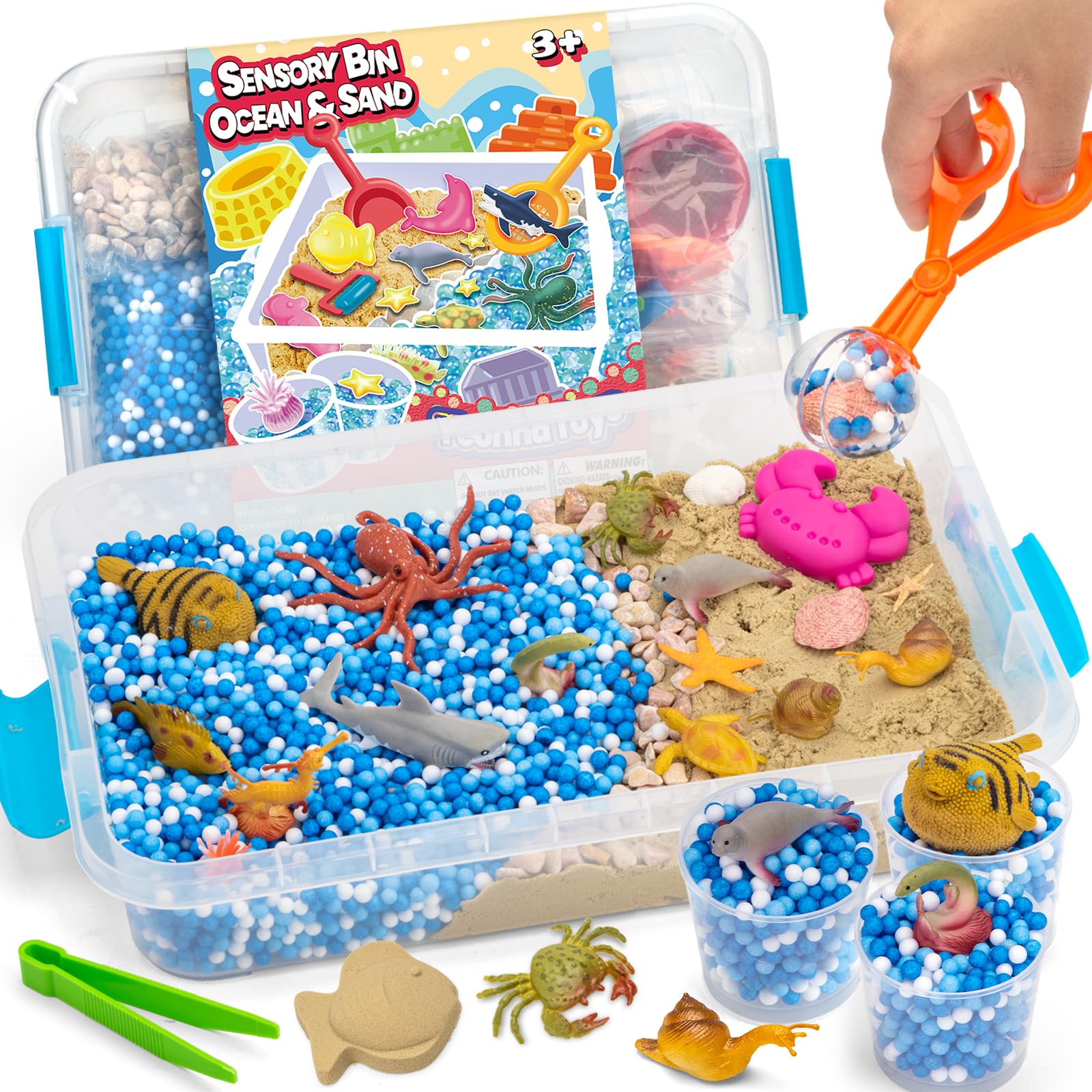 Ocean&Sand Sensory Bin with Lid, 42 Pcs Sensory Sand Kit with Sea ...