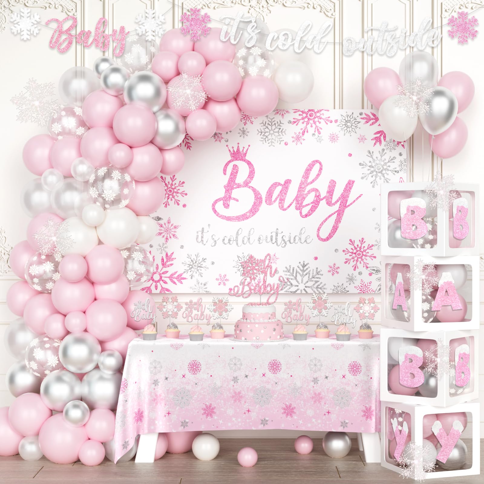 Fiesec Baby Its Cold Outside Baby Shower Decorations Pink, Snowflake ...